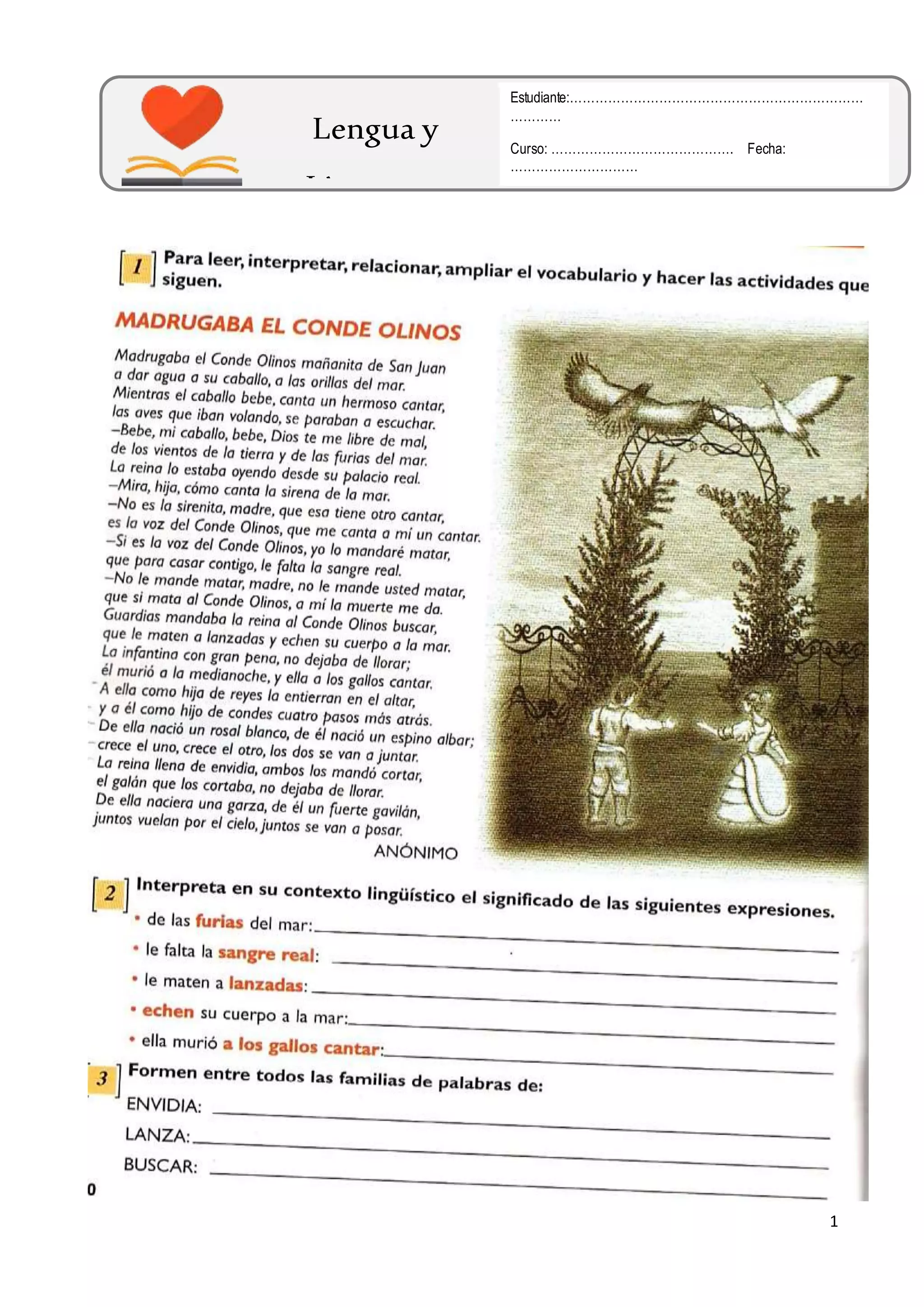 Ficha comprension lectora romance del conde olinos | DOCX