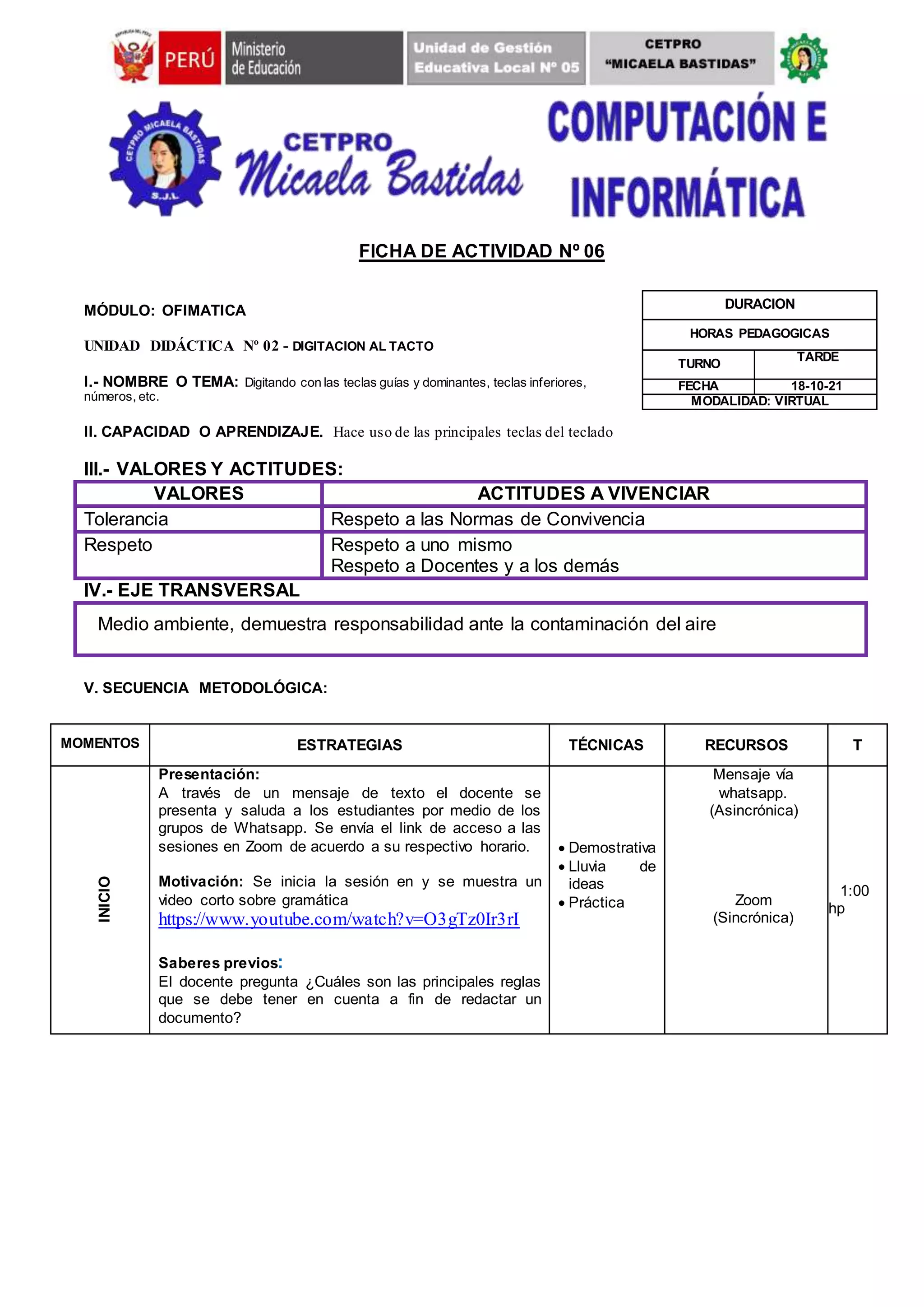 Ficha de actividad 06 digitacion | DOCX