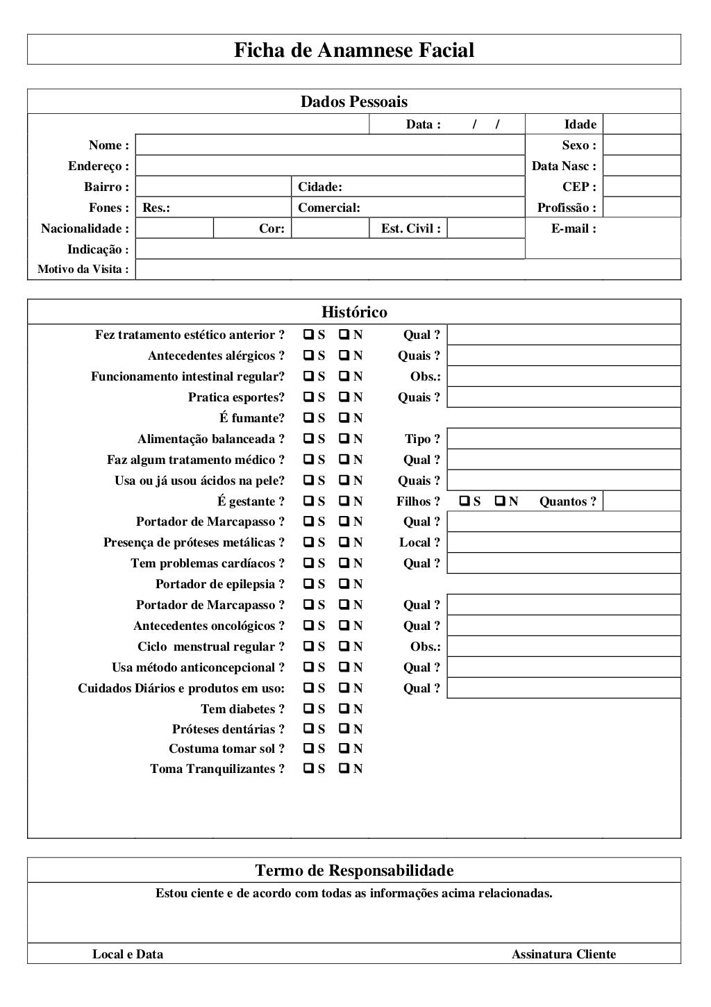 Ficha De Anamnese Estetica Facial - BRAINCP