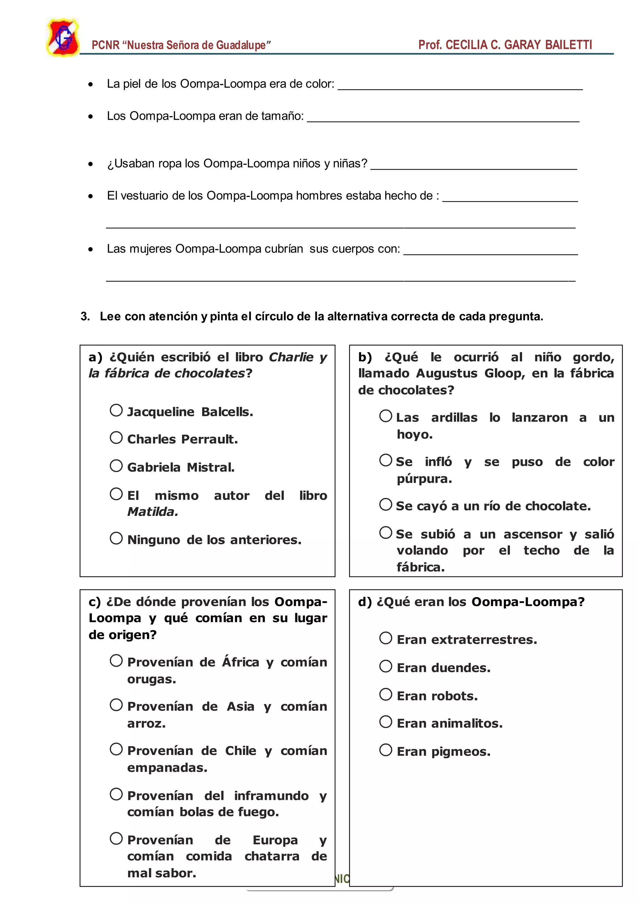 Ficha de comprensión de lectura charlie y-la-fabrica-de-chocolates ...
