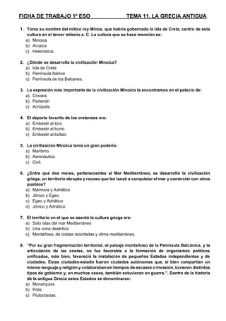FICHA DE EJERCICIOS GRECIA 1º DE LA ESO HISTORIA | PDF