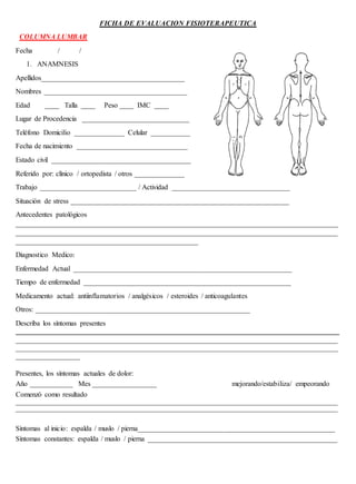 Ficha de evaluacion fisioterapeutica lumbar | DOCX