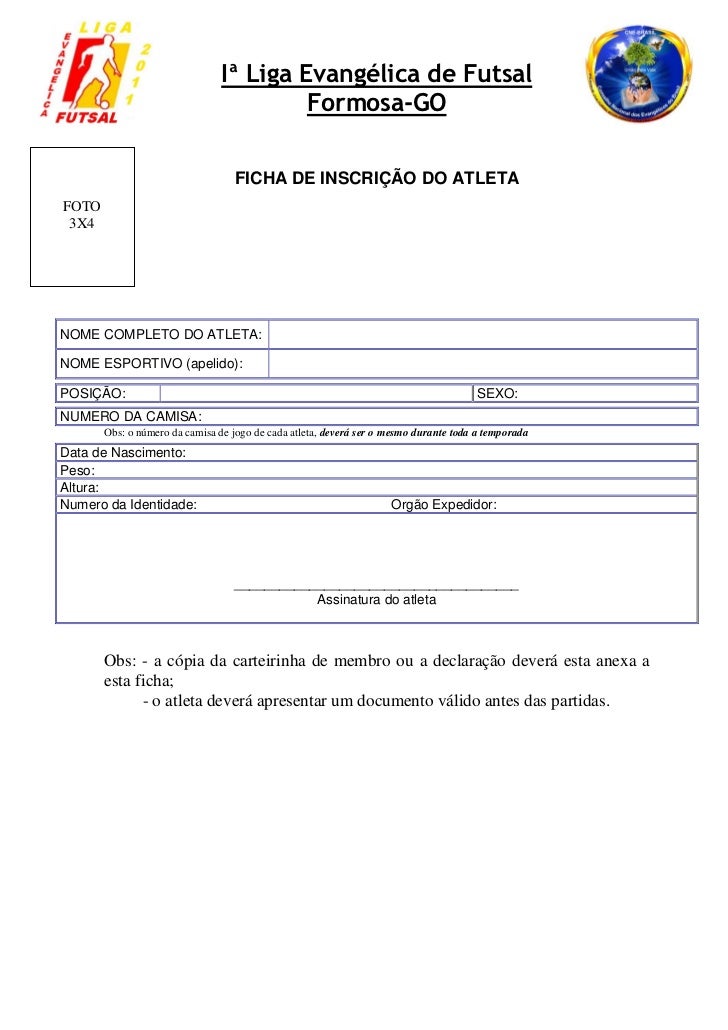 Ficha de inscricao para liga evangélica de futsal 2011 atleta