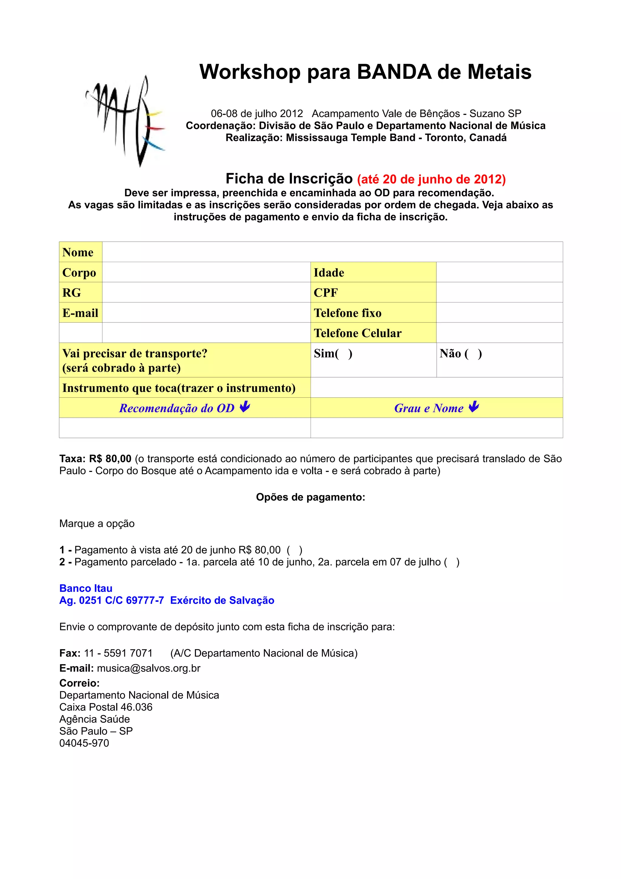 Ficha de inscrição Workshop Banda - word | PDF