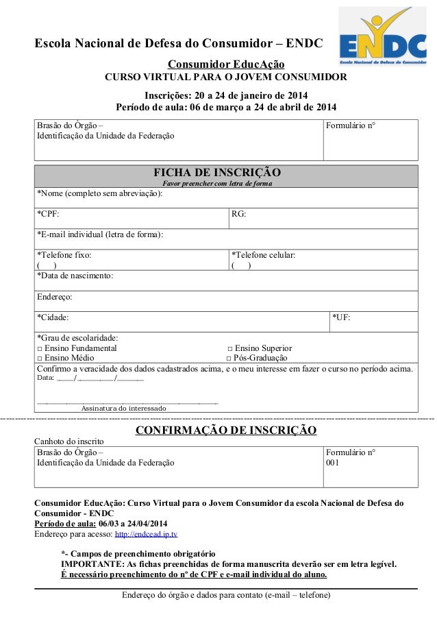 Ficha de inscrição do Curso Virtual Gratuito