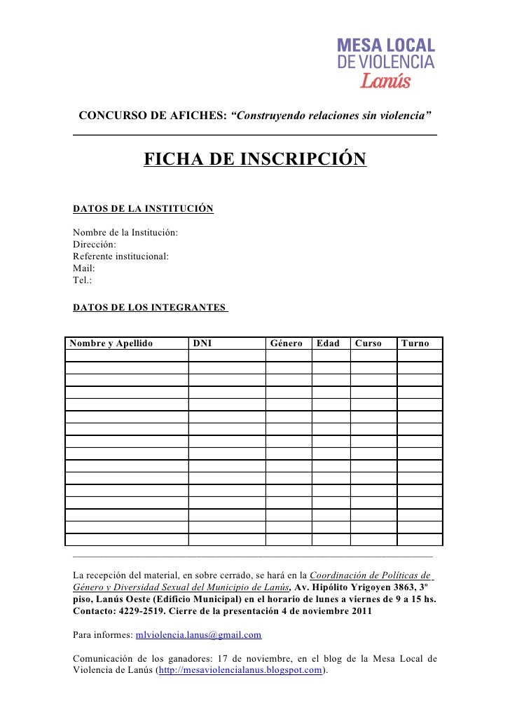 Ficha de inscripcion concurso 25 de noviembre Ficha de inscripcion concurso 25 de noviembre