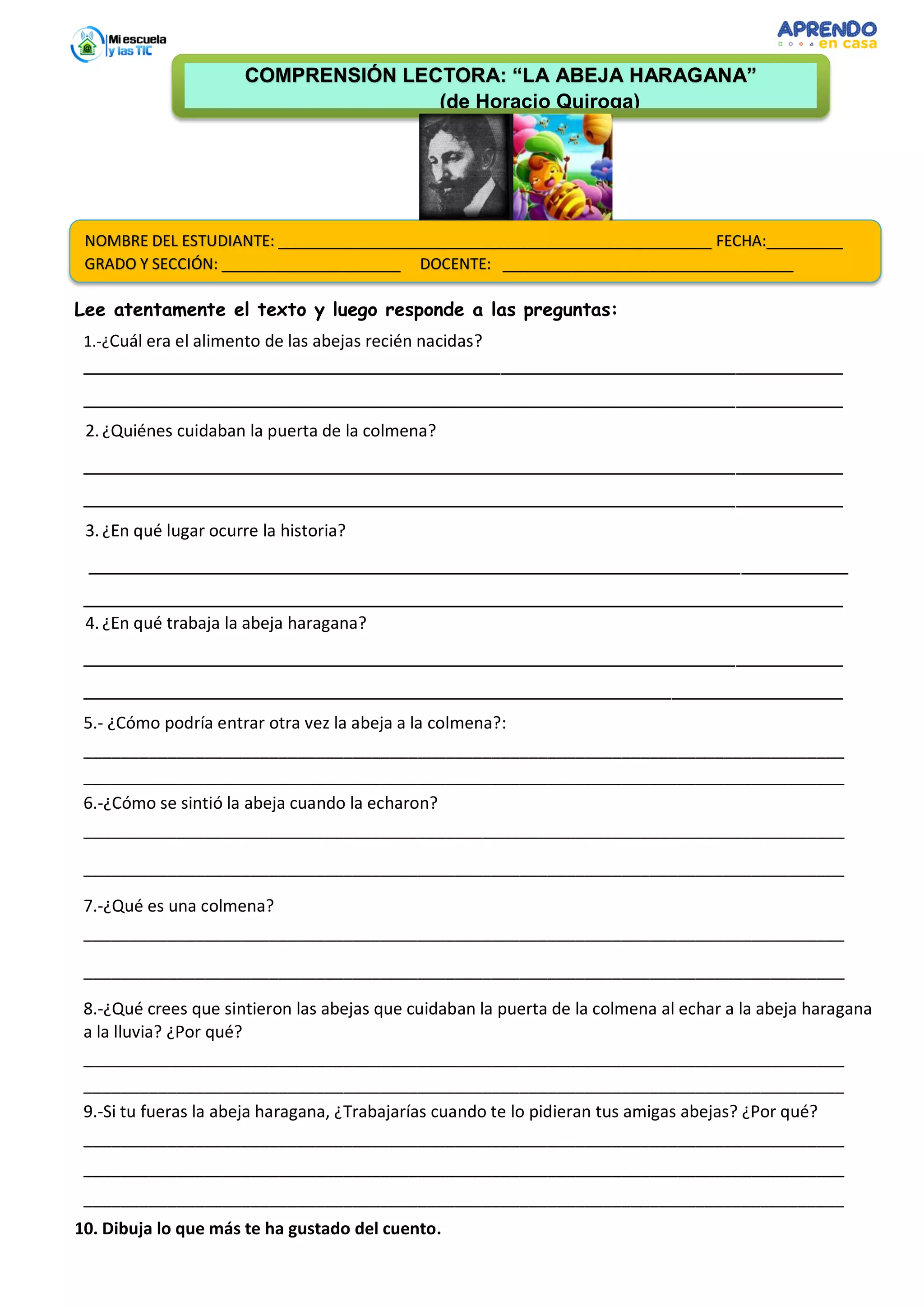Ficha de lectura la Abeja haragana | PDF