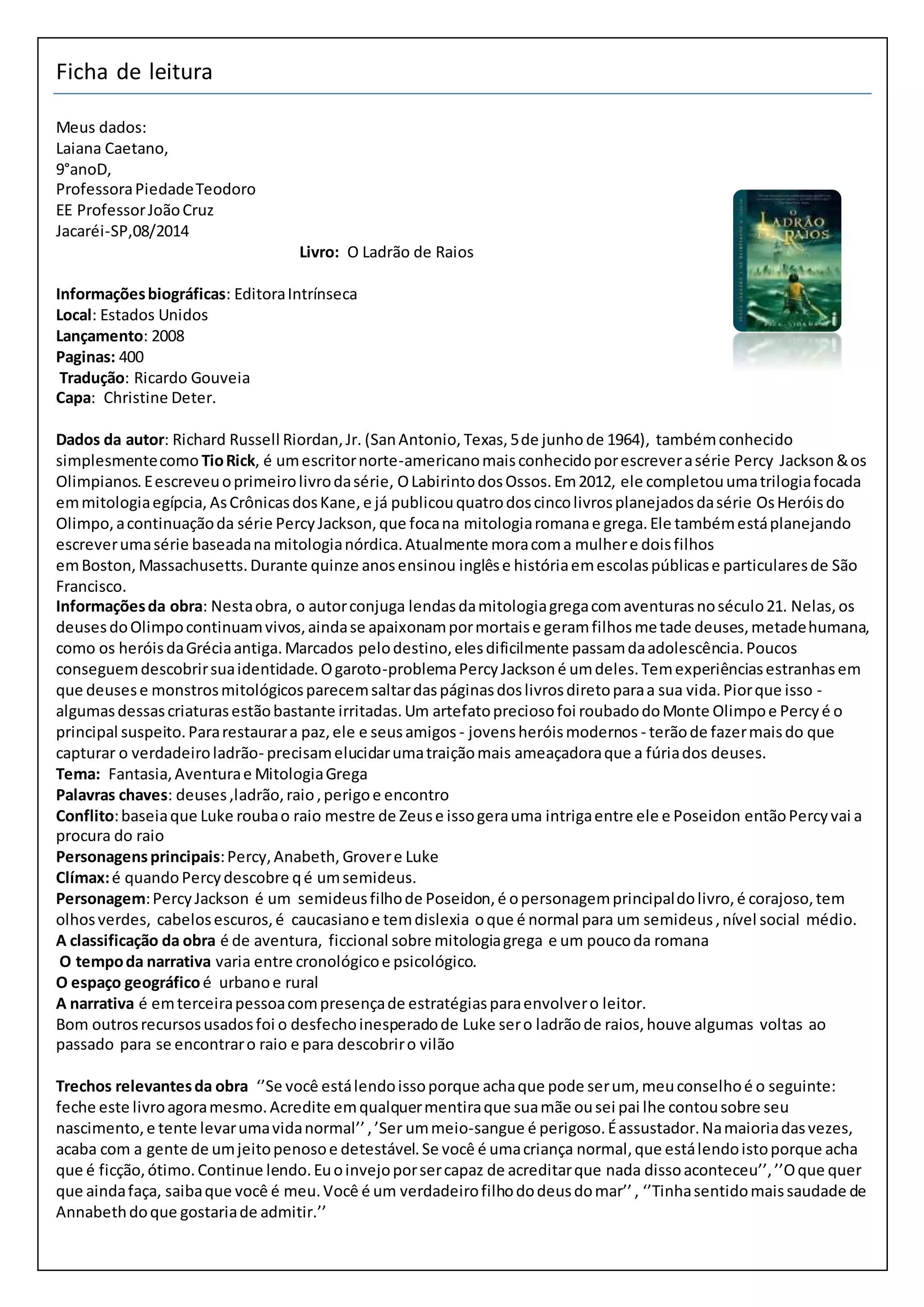 Ficha de leitura do livro Ladrão de Raios | DOCX