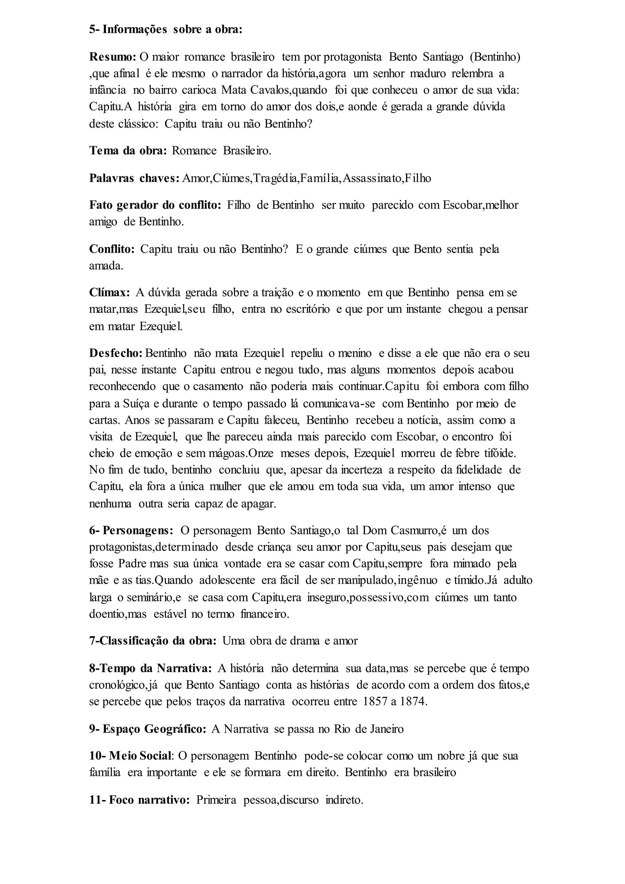 Ficha de leitura sobre o livro "Dom Casmurro" | PDF