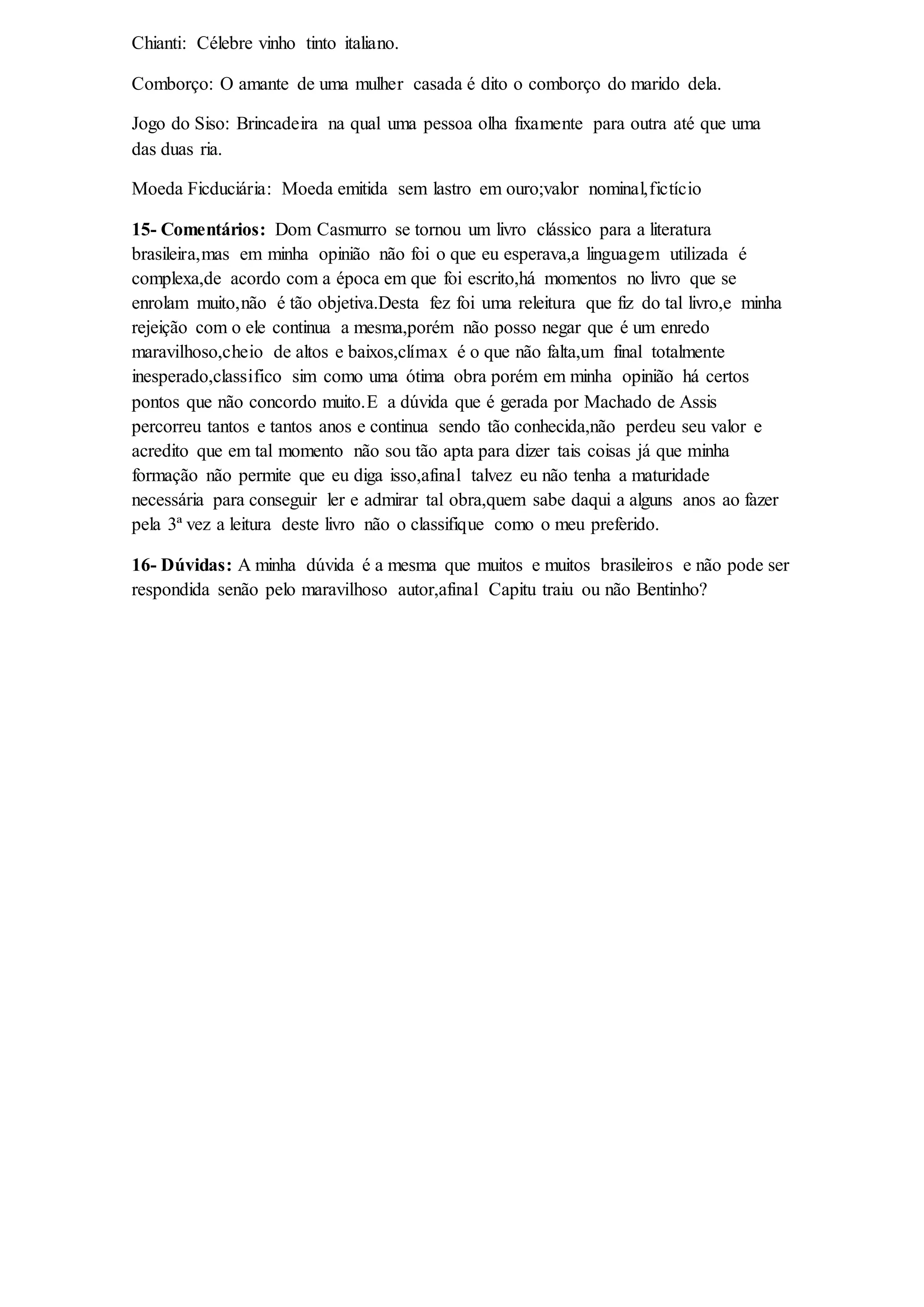 Ficha de leitura sobre o livro "Dom Casmurro" | DOCX