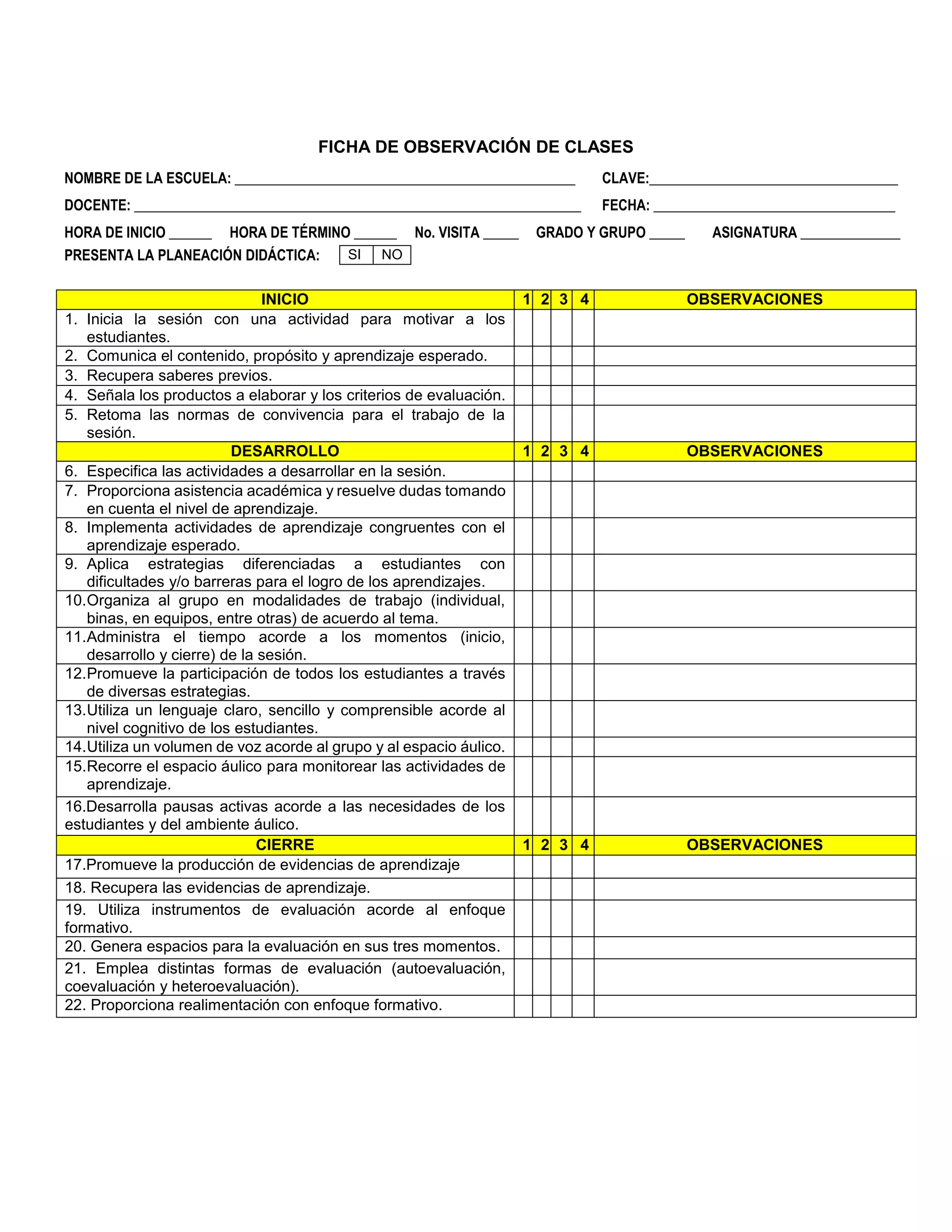 Ficha de observacion clase | PDF | Educational Assessment | Education