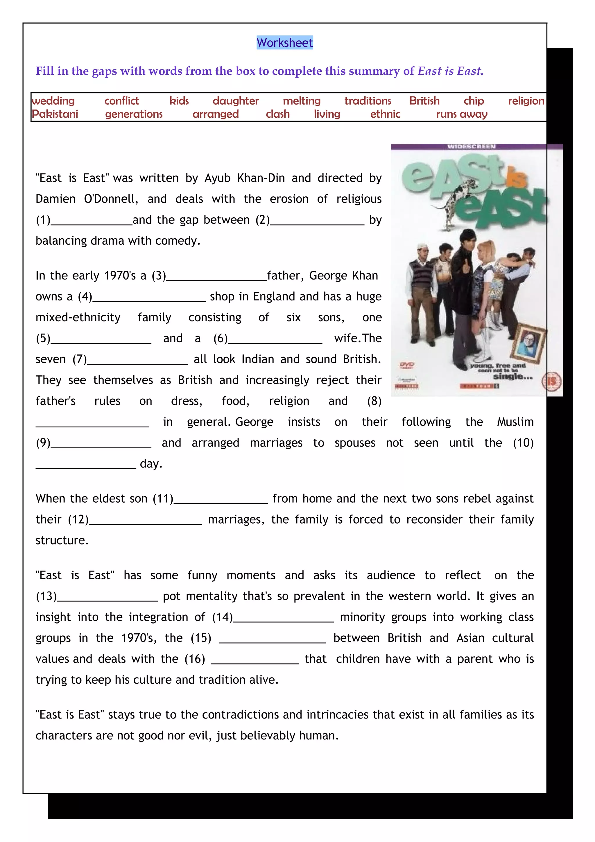 Worksheet about the film "East is East" | DOC