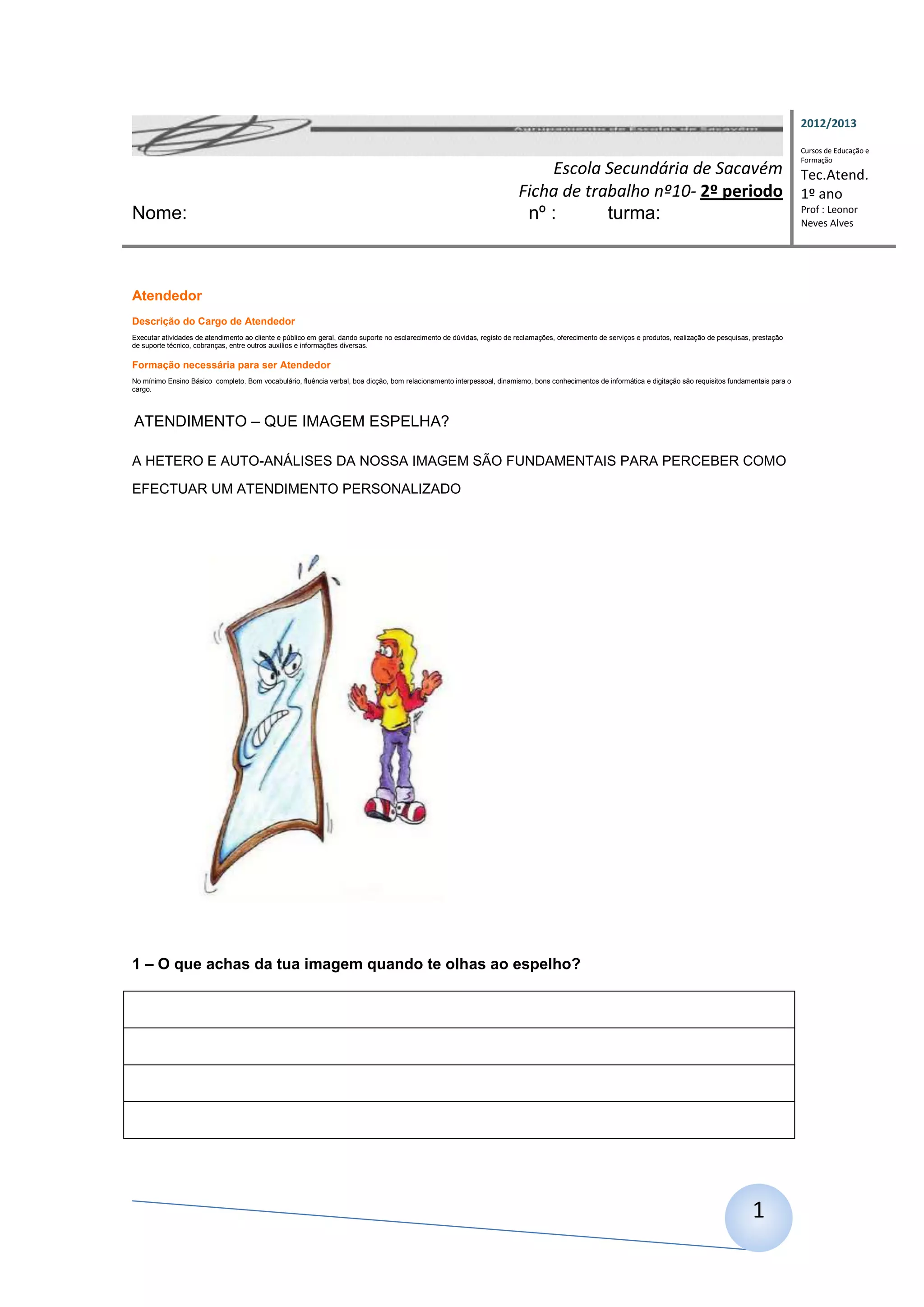 Ficha de trabalho nº10 exercicios atendimento - imagem | DOCX