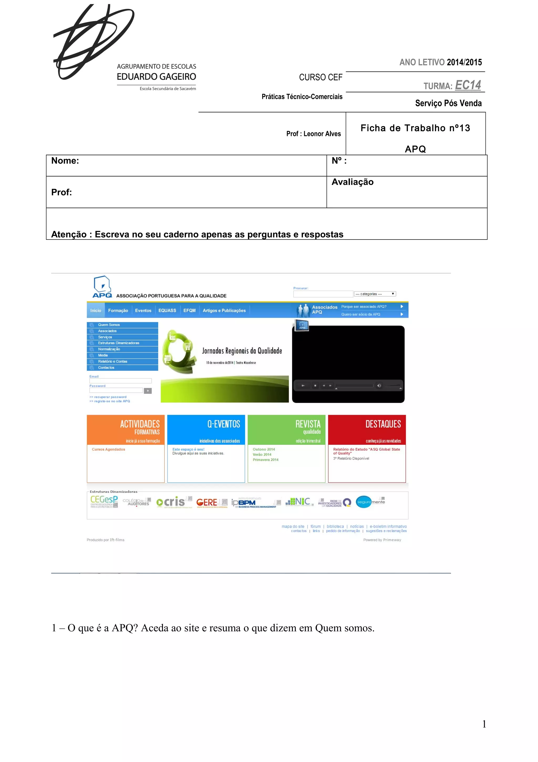 Ficha de trabalho nº13 spv- apq | PDF
