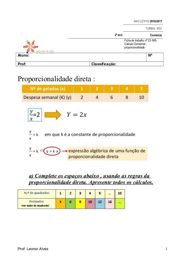 Ficha De Trabalho Nº23 Proporcionalidade Direta E Inversa