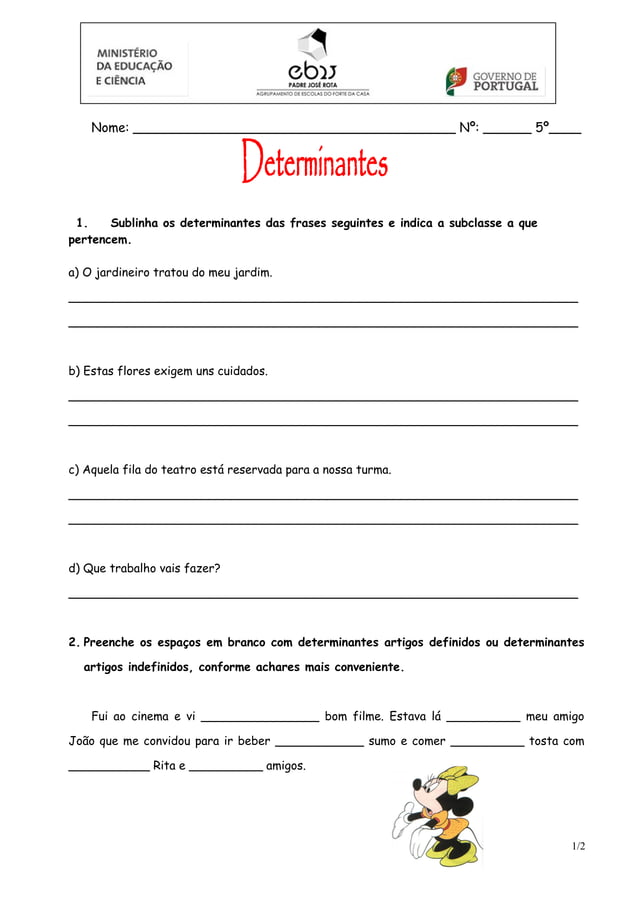 Ficha de trabalho sobre determinantes | PDF Ficha de trabalho sobre determinantes | PDF