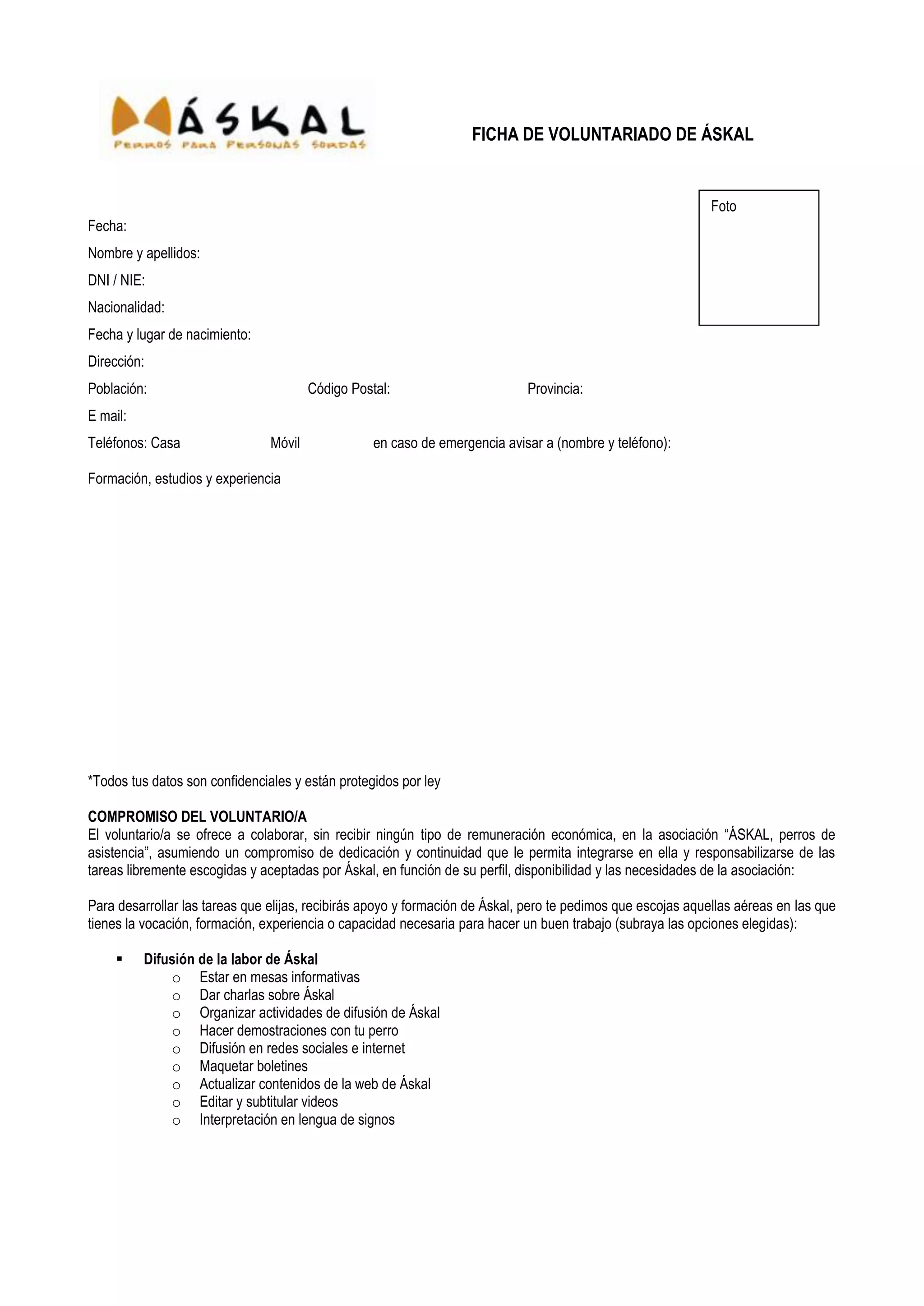 Ficha de voluntariado de Askal | PDF