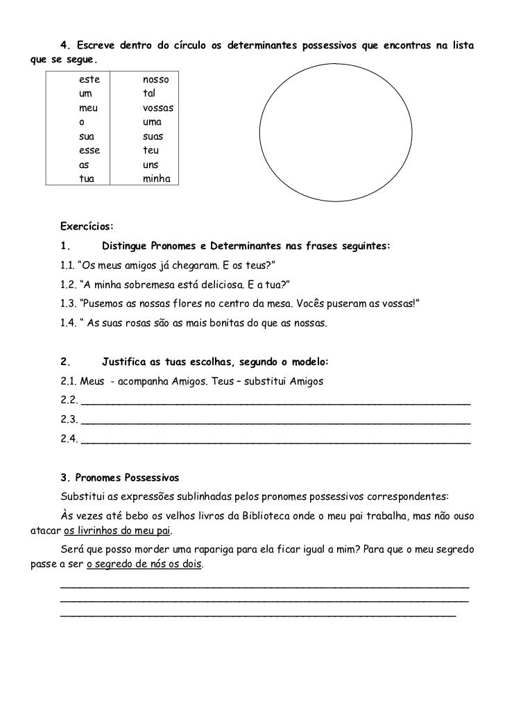 Ficha Dos Determinantes E Pronomes Possessivos