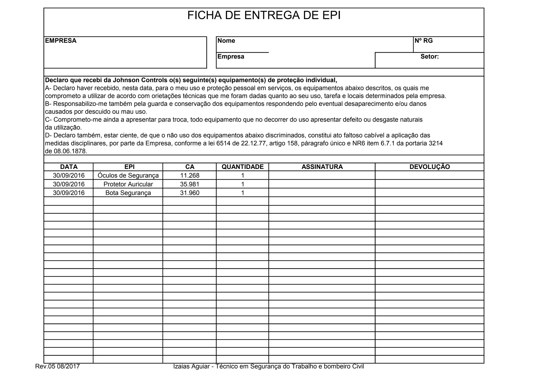 MODELO DE FORMULÁRIO DE ENTREGA DE EPI - NR 06 | PDF