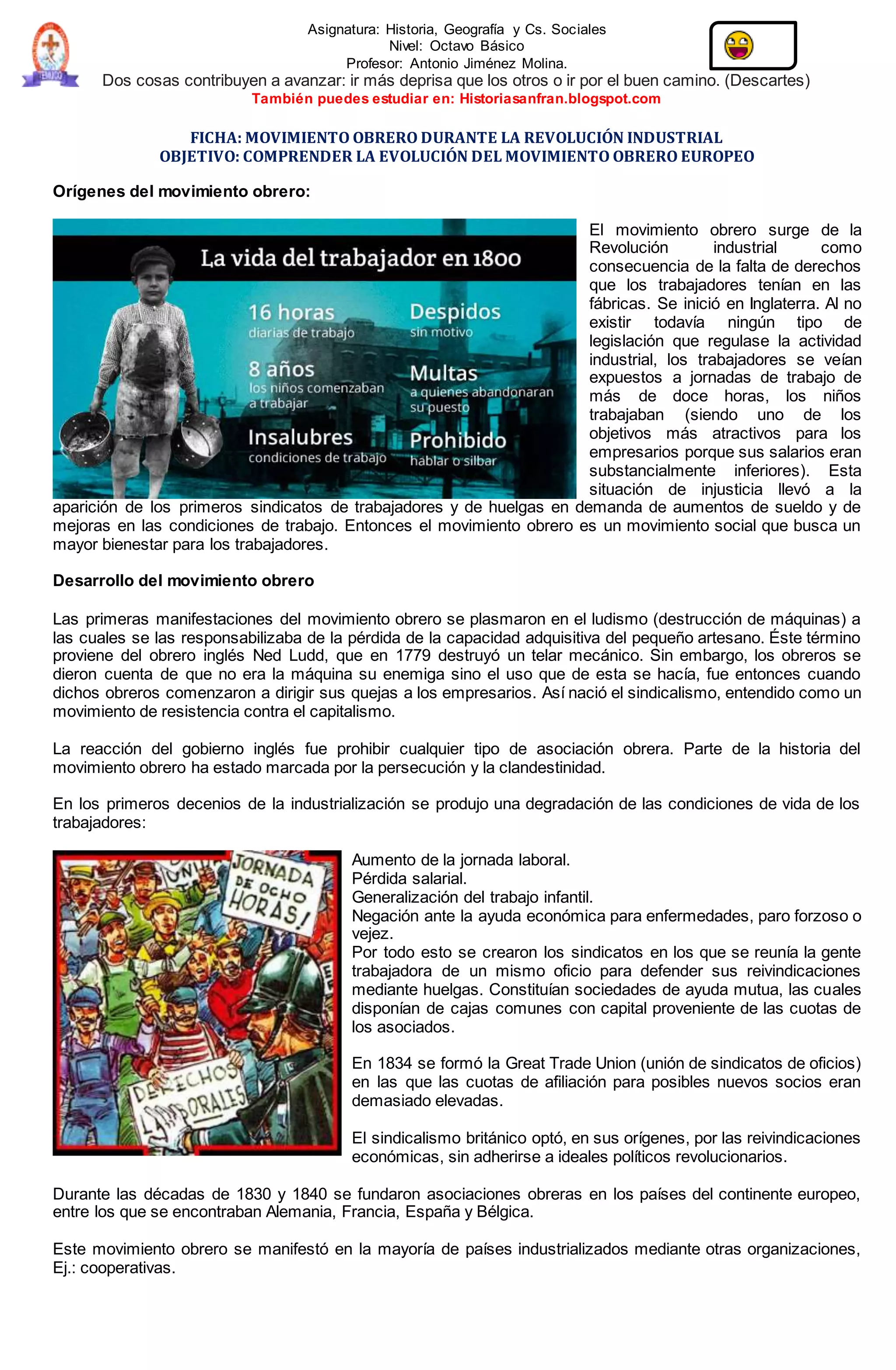 Ficha evolucion movimiento obrero | DOCX