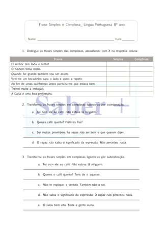 Ficha de Trabalho - Palavras Simples e Palavras Complexas