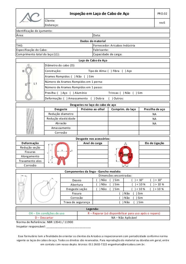 Ficha para inspeção em laço de cabo de aço