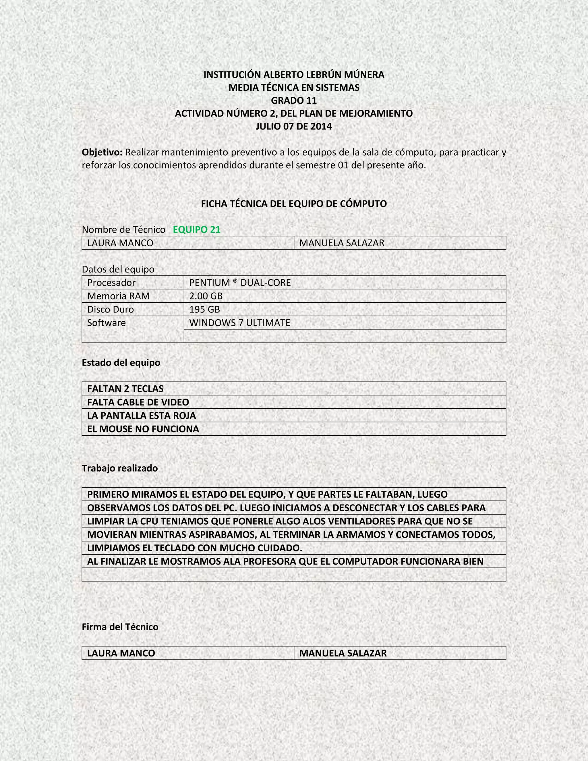 Ficha+para+mantenimiento | DOCX | Computing | Technology & Computing