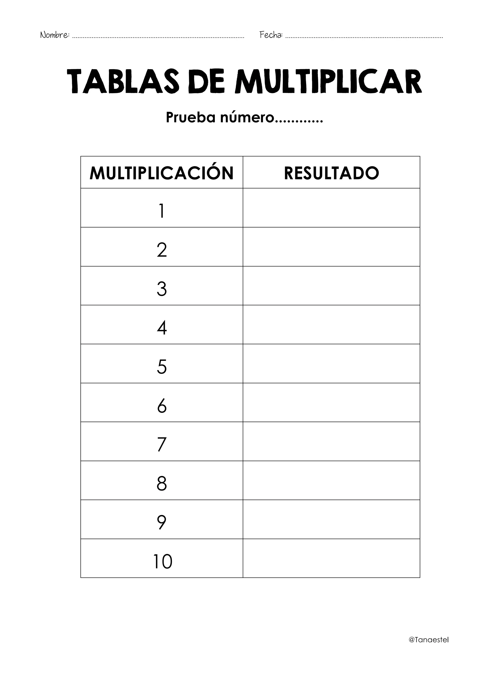 Ficha prueba tablas de multiplicar | PDF