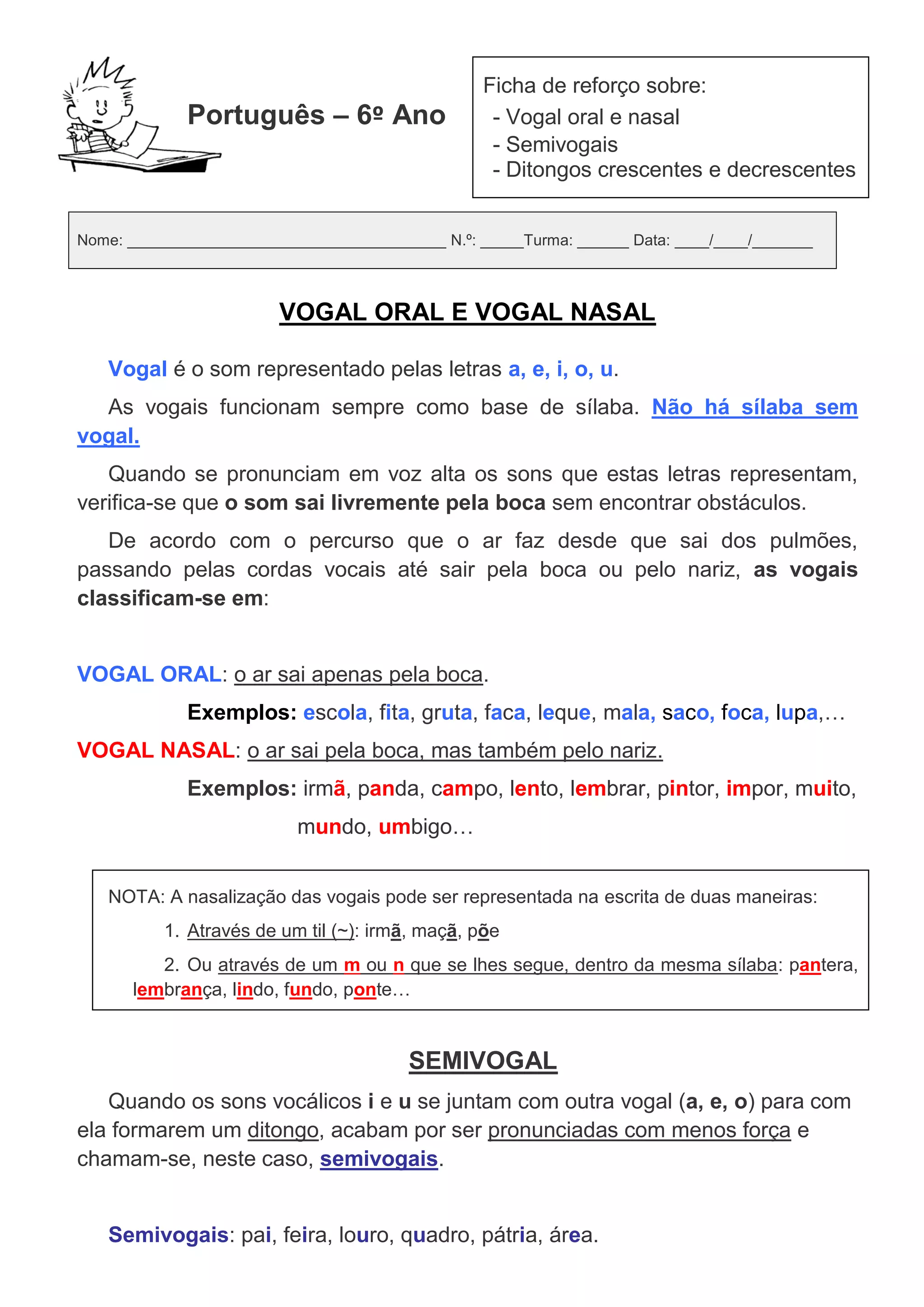 Ficha reforço vogais e semivogais | PDF