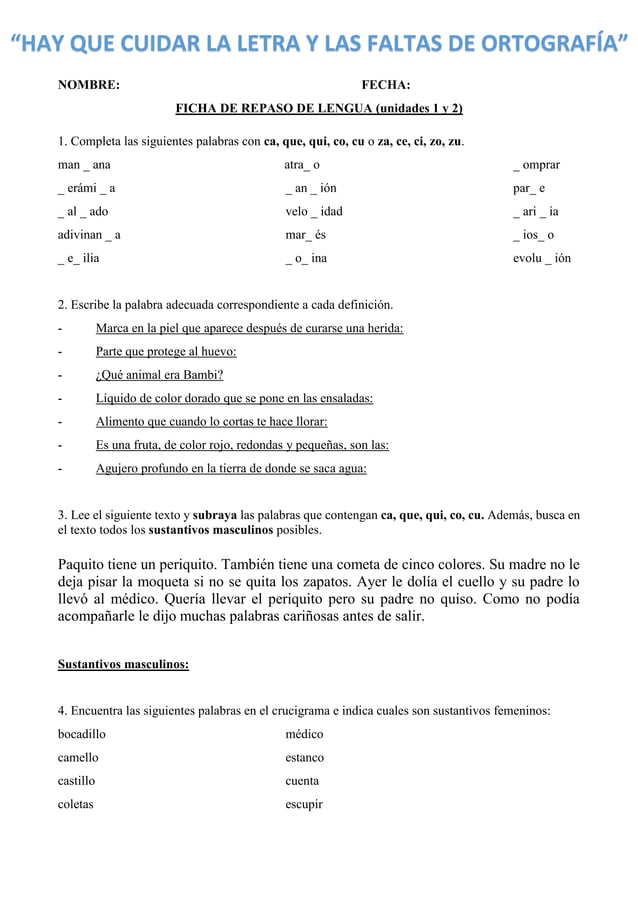 FICHA REPASO CA QUE QUI CO CU / ZA CE CI ZO ZU | PDF