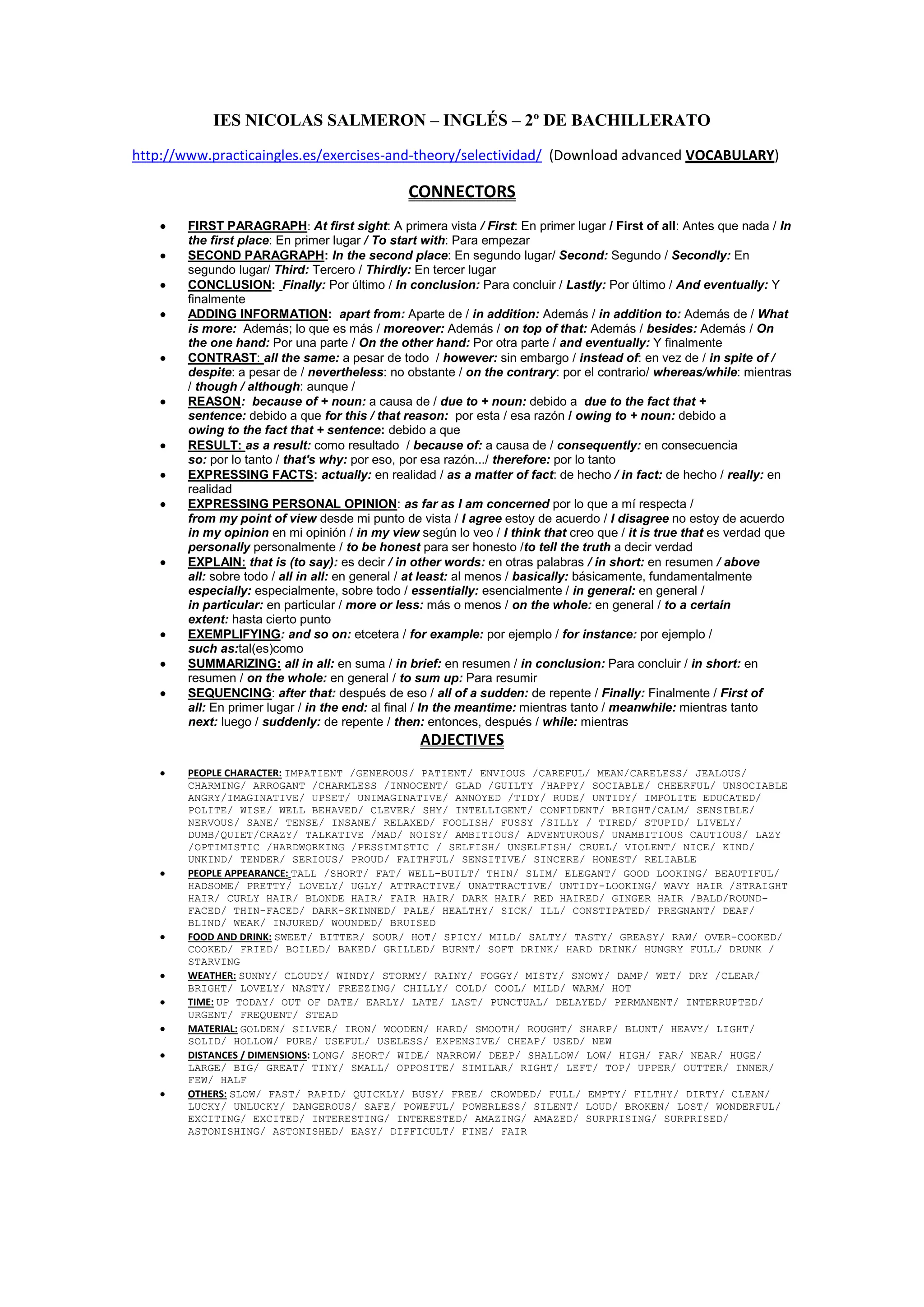 FICHA RESUMEN Ingles selectividad | PDF