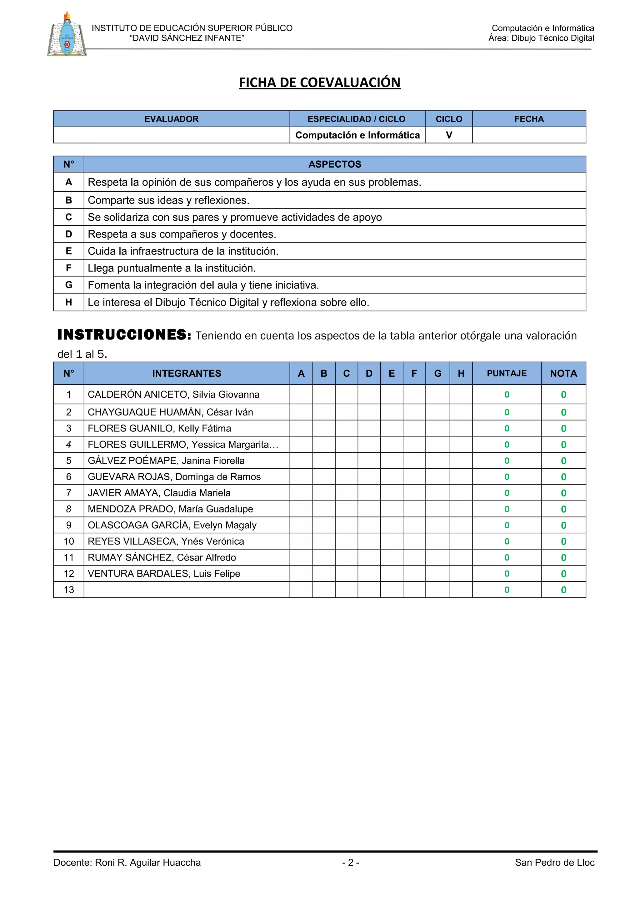 Ficha de autoevaluacion y coevaluacion | DOC