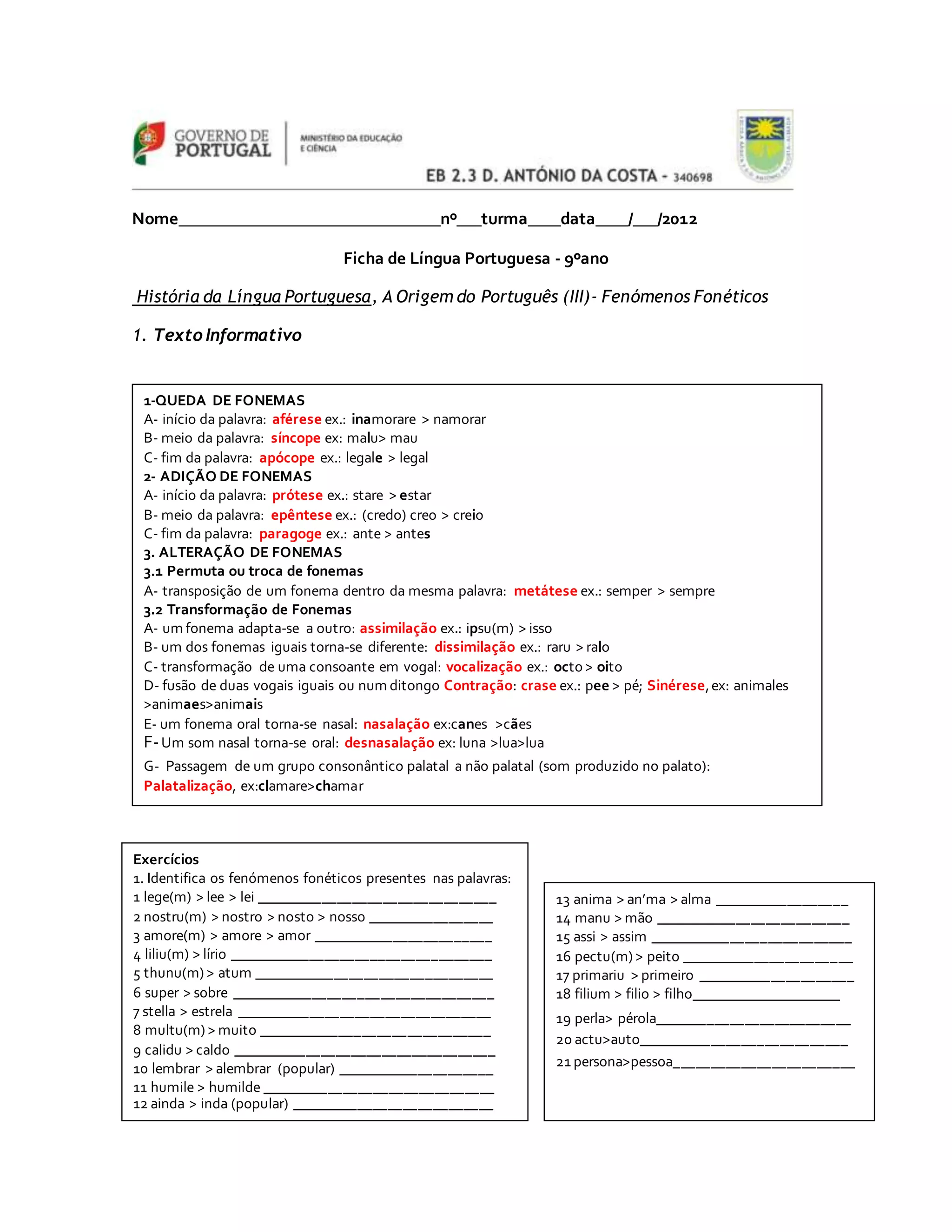 Ficha sobre fenómenos fonéticos 9º | DOCX