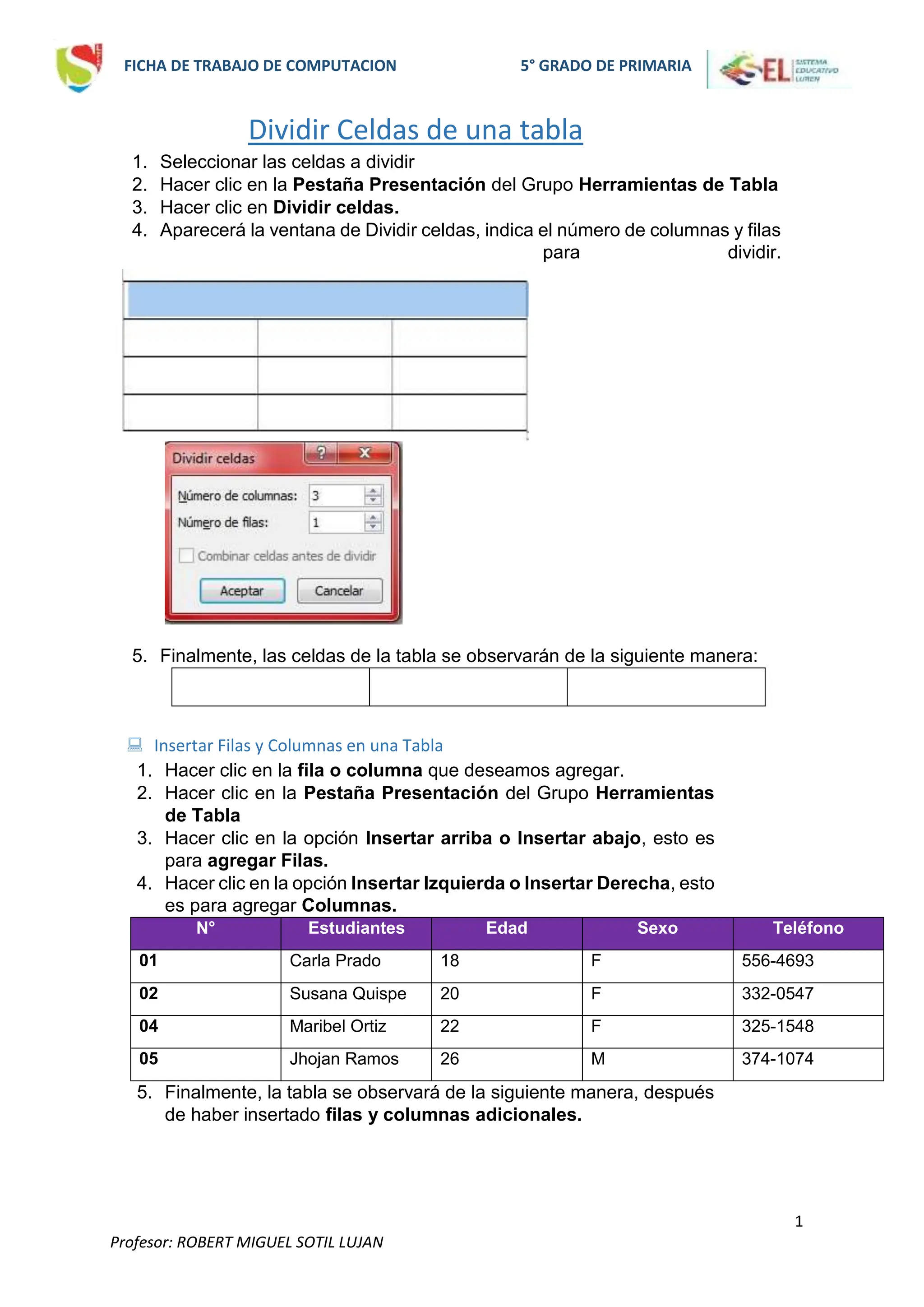 FICHA DE TRABAJO DE CREACION DE TABLAS EN WORD | DOCX