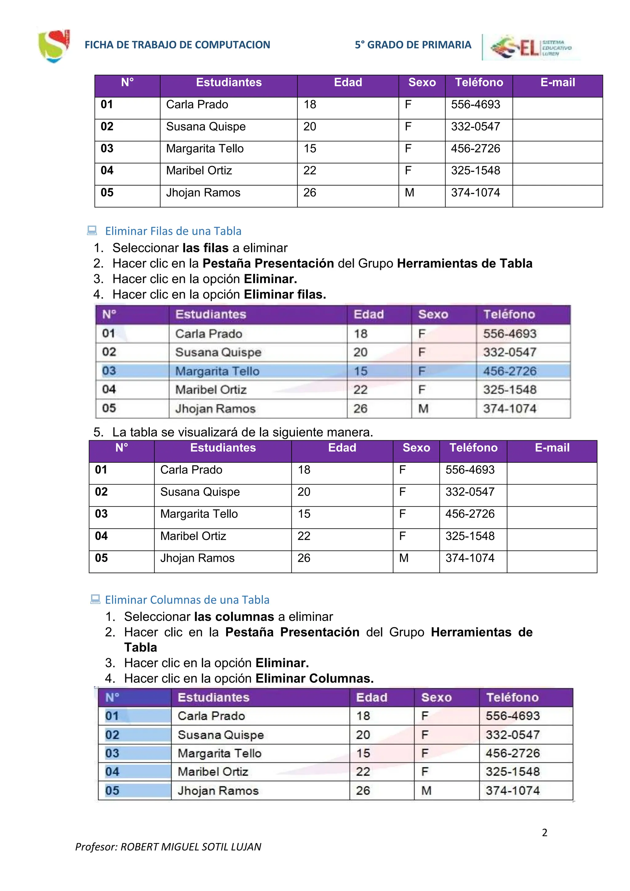 FICHA DE TRABAJO DE CREACION DE TABLAS EN WORD | DOCX