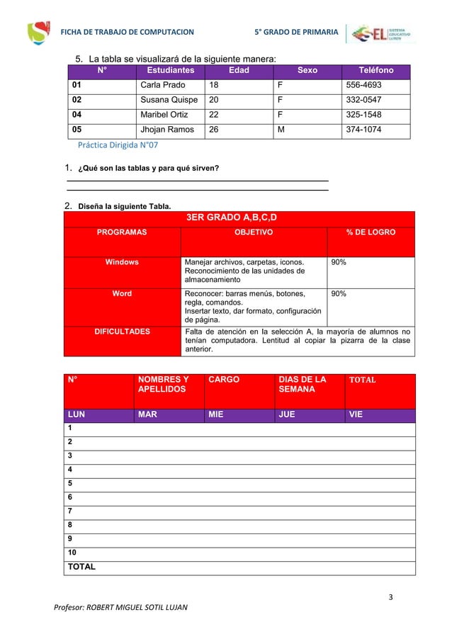 FICHA DE TRABAJO DE CREACION DE TABLAS EN WORD | PDF