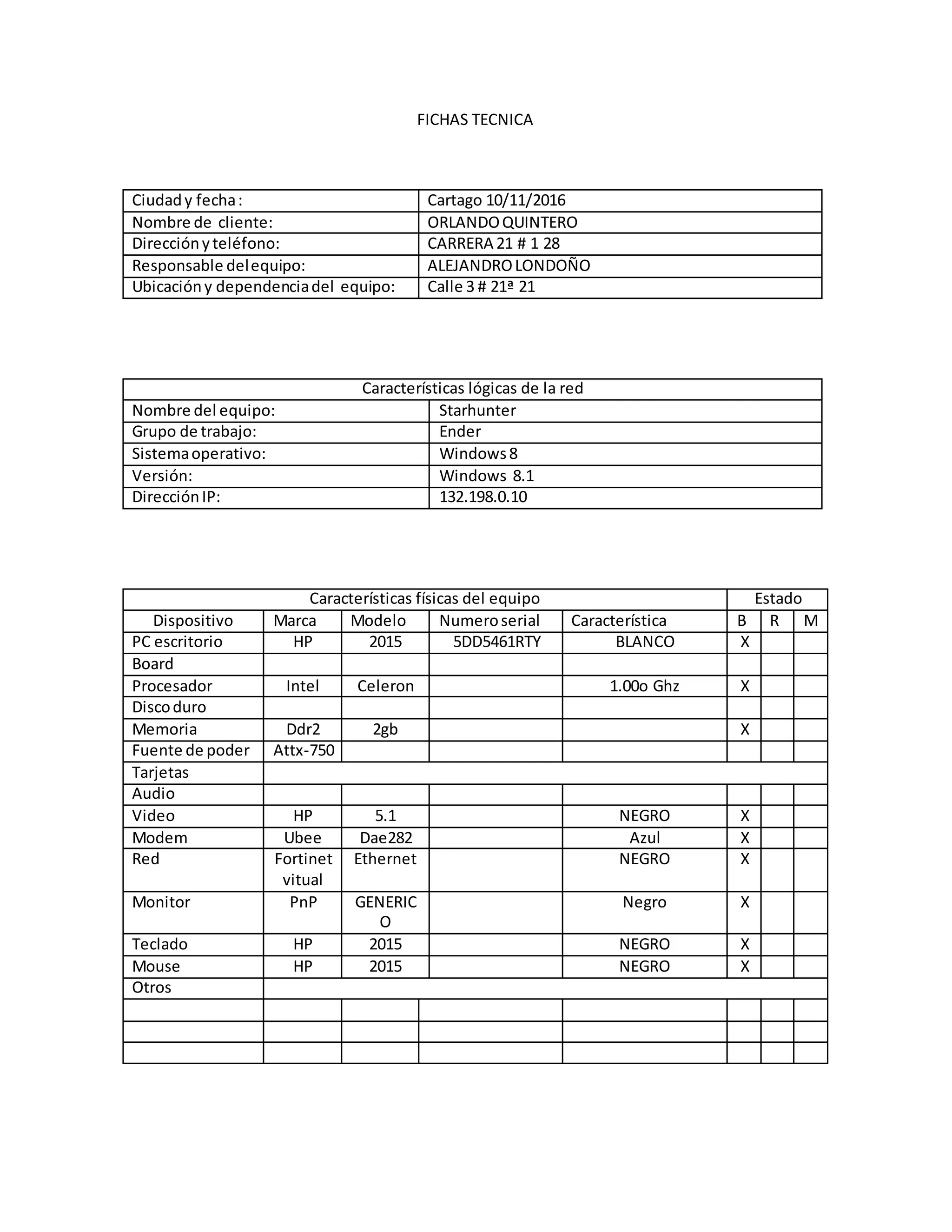 Ficha tecnica | DOCX | Computing | Technology & Computing