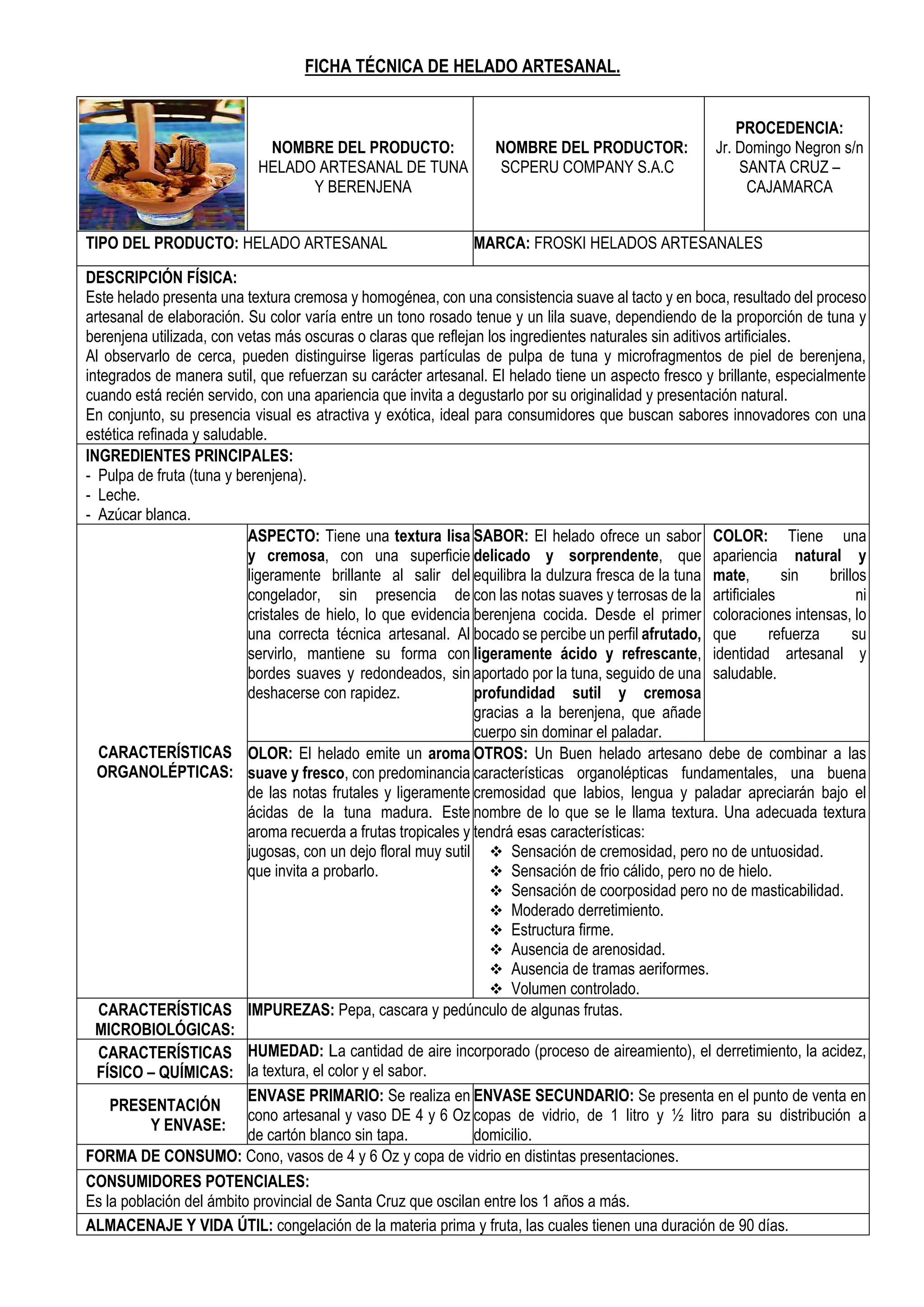 FICHA TECNICA HELADOS ARTESEN SANTA CRUZ | PDF