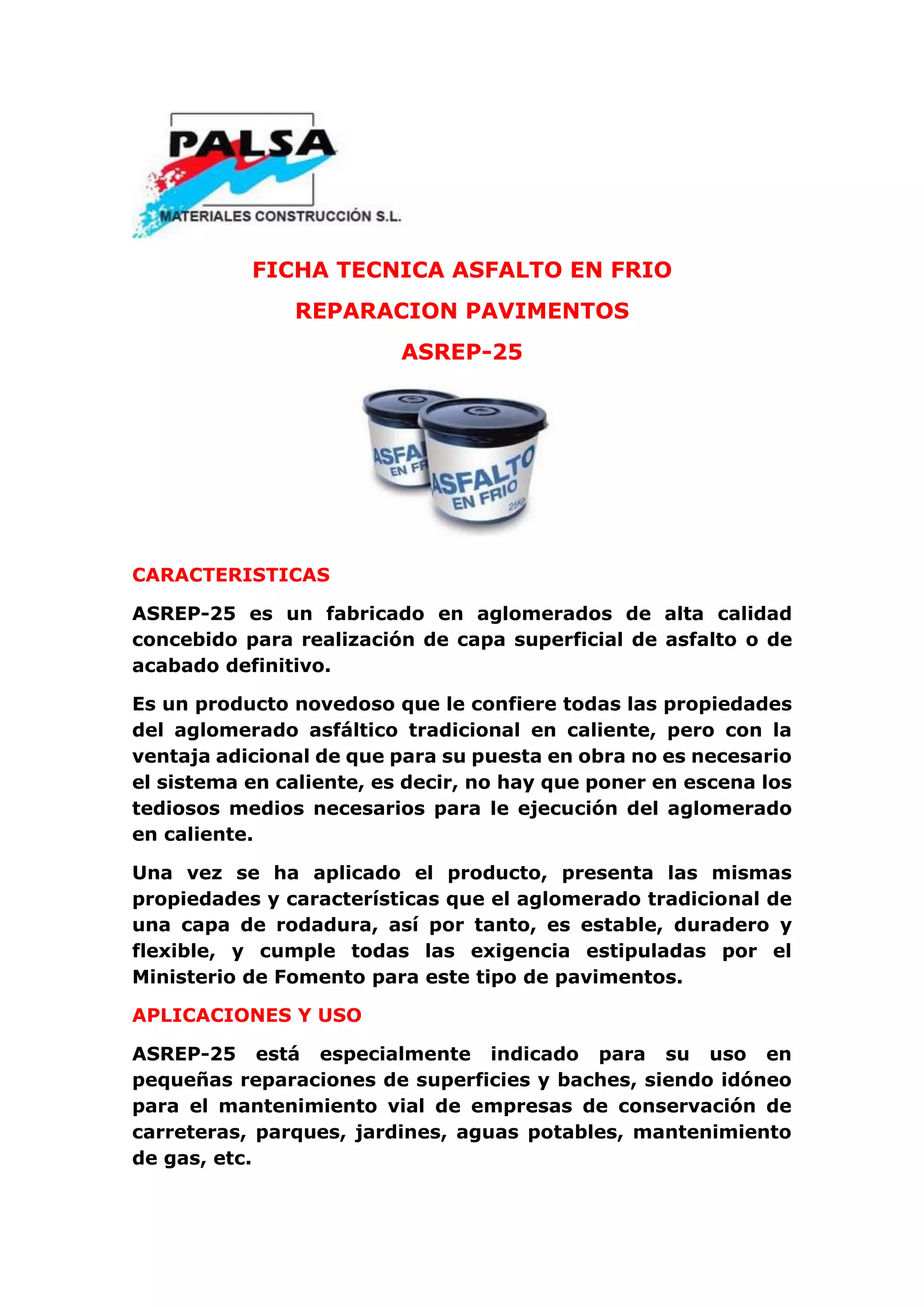Ficha tecnica asfalto en frio | PDF