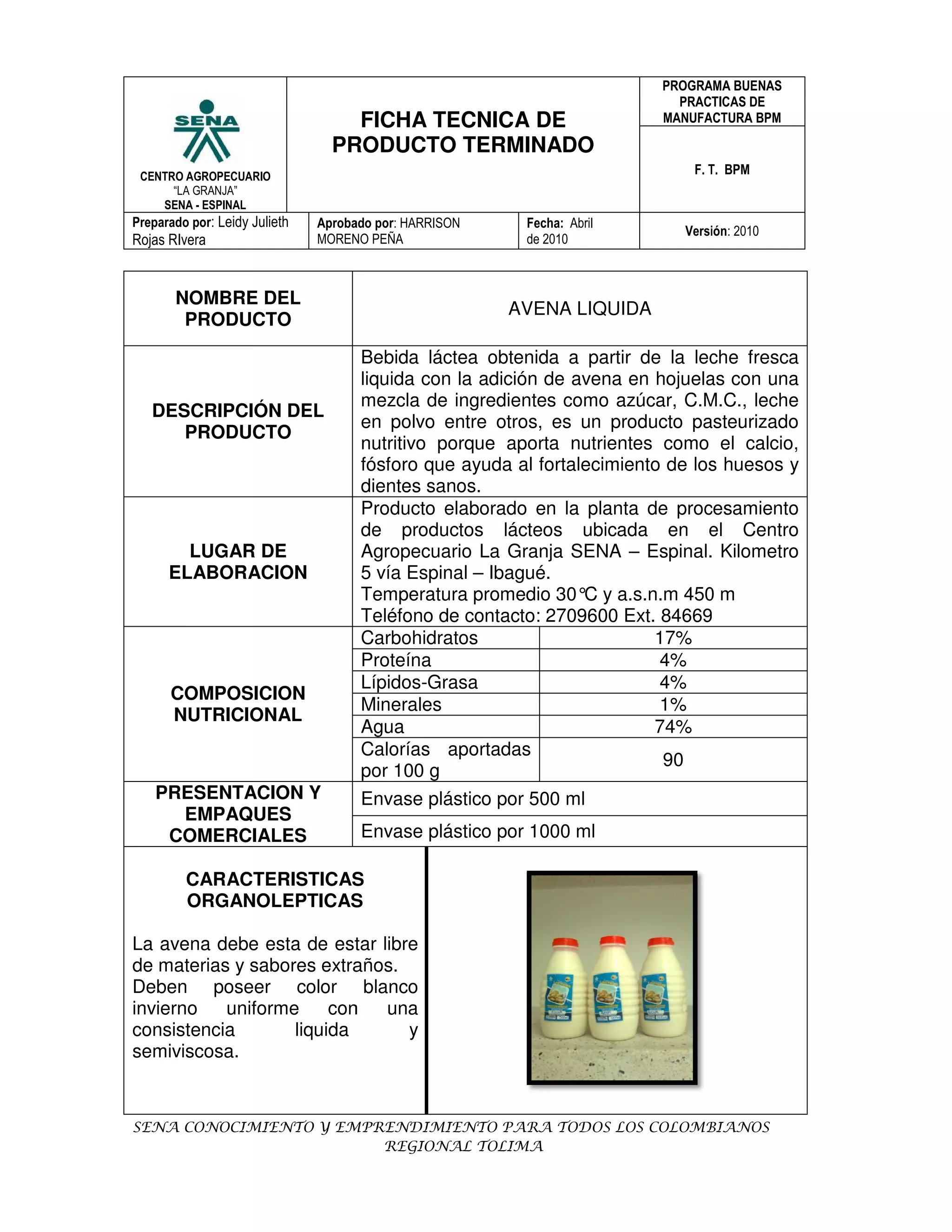 FICHA TECNICA AVENA LIQUIDA | PDF