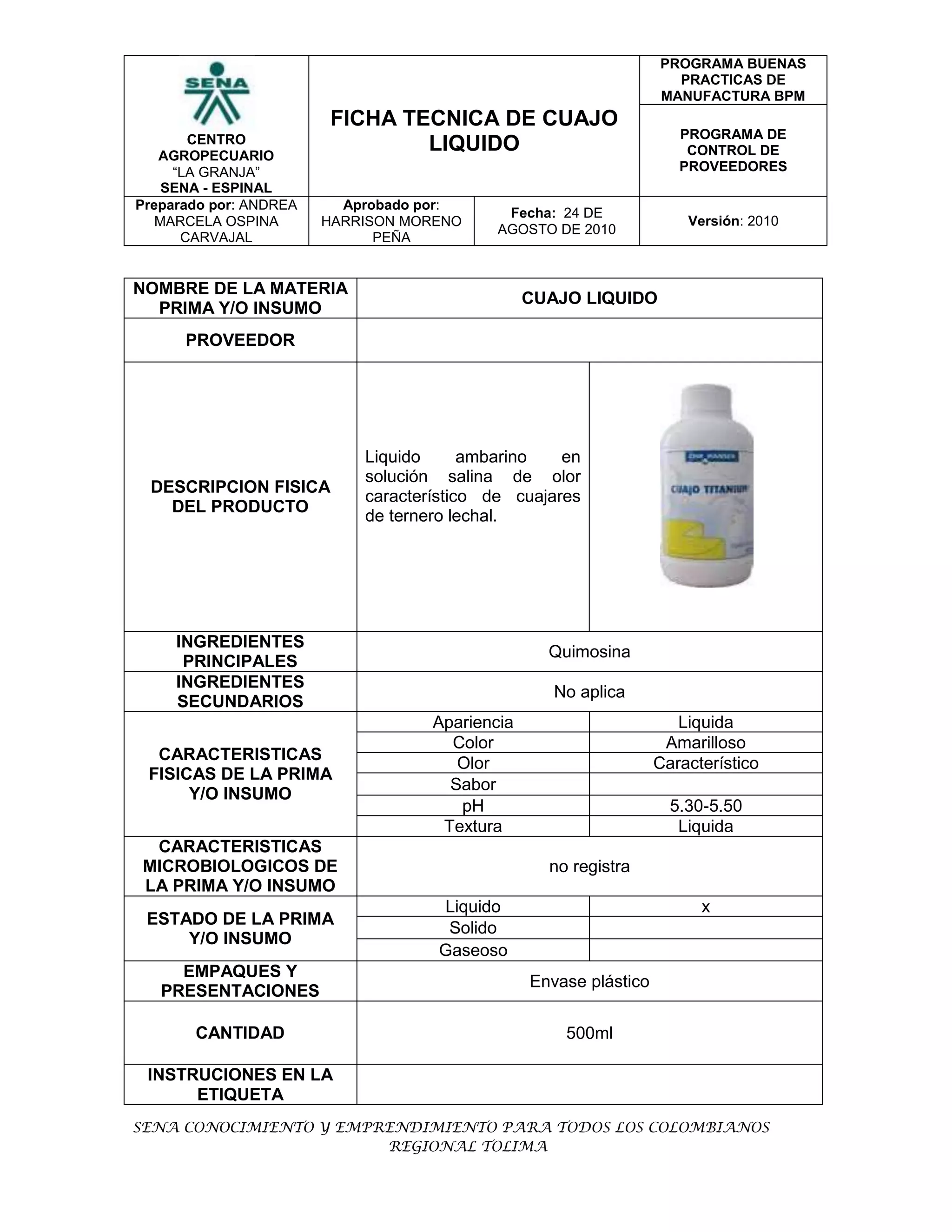 Ficha tecnica cuajo liquido | DOCX