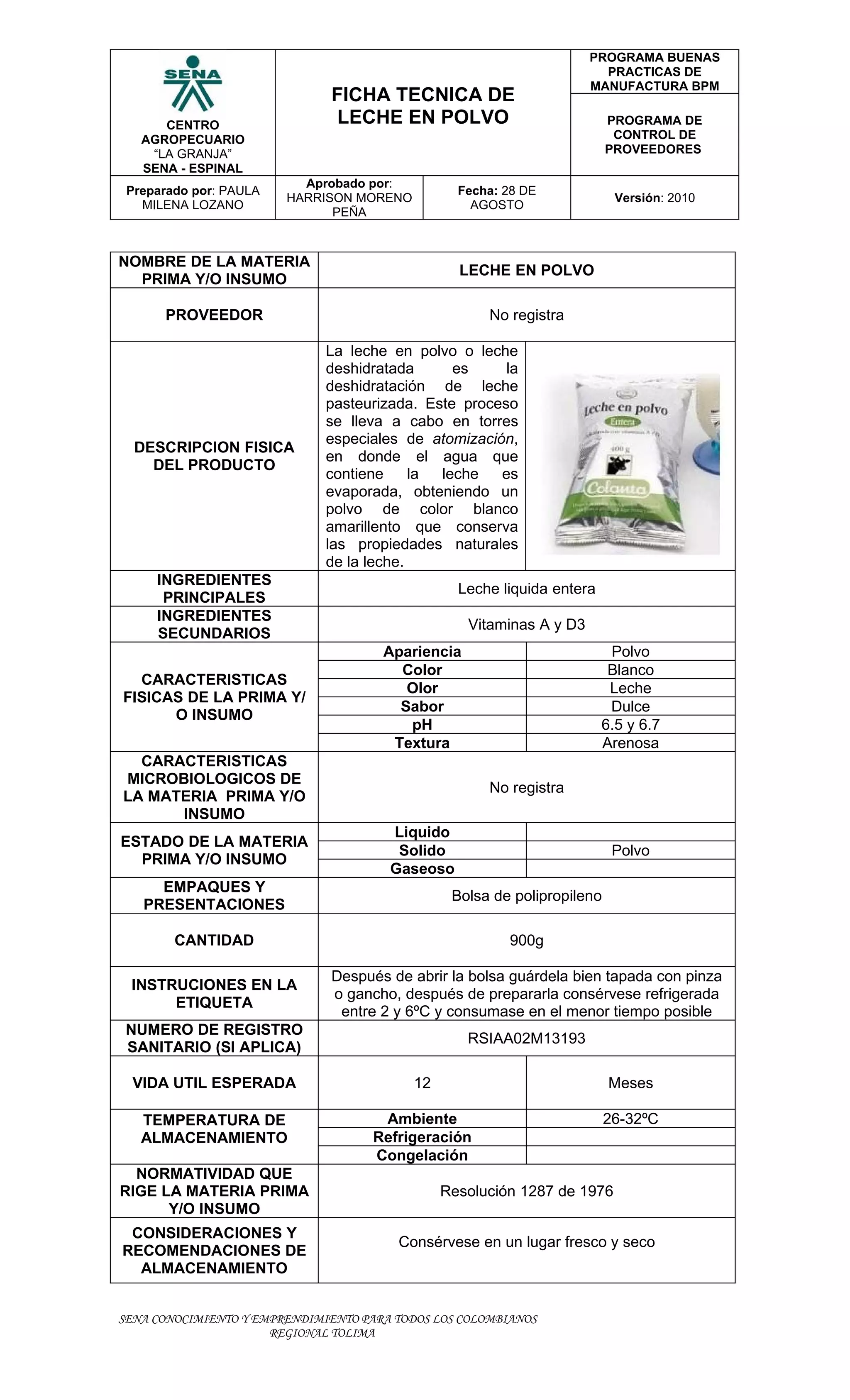 Ficha tecnica de la leche en polvo | DOC