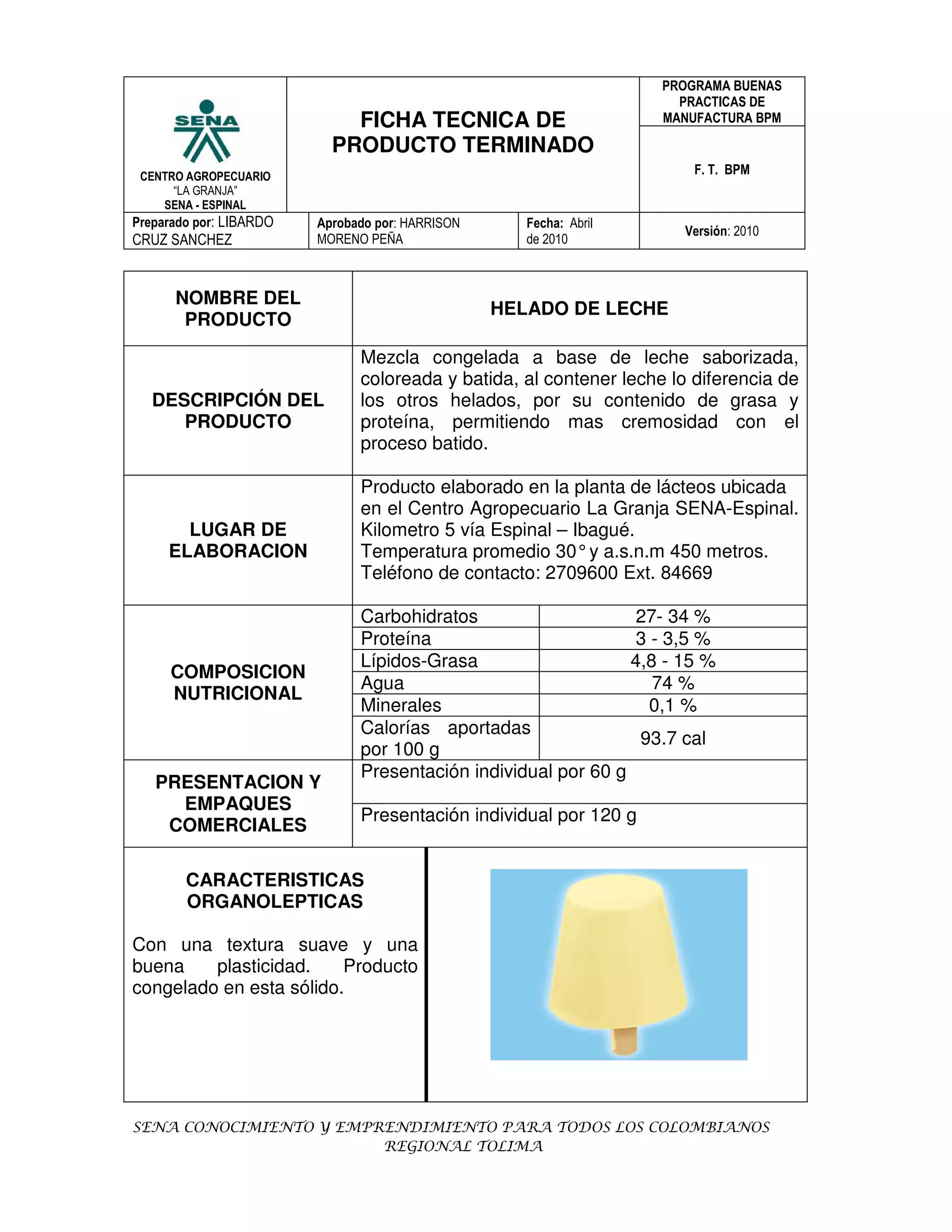 FICHA TECNICA HELADO CREMOSO | PDF