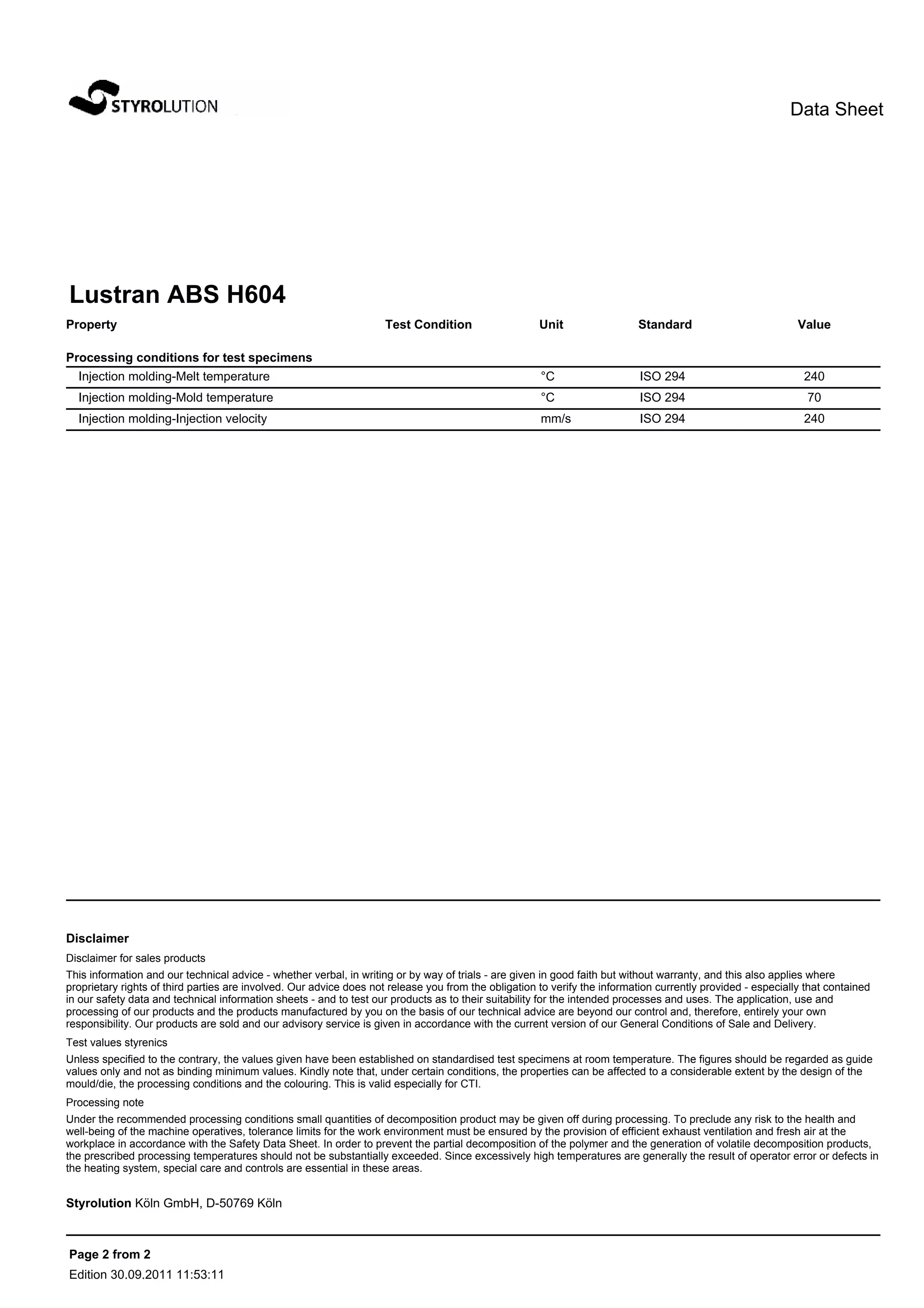 Ficha Técnica - Styrolution Lustran H604 | PDF
