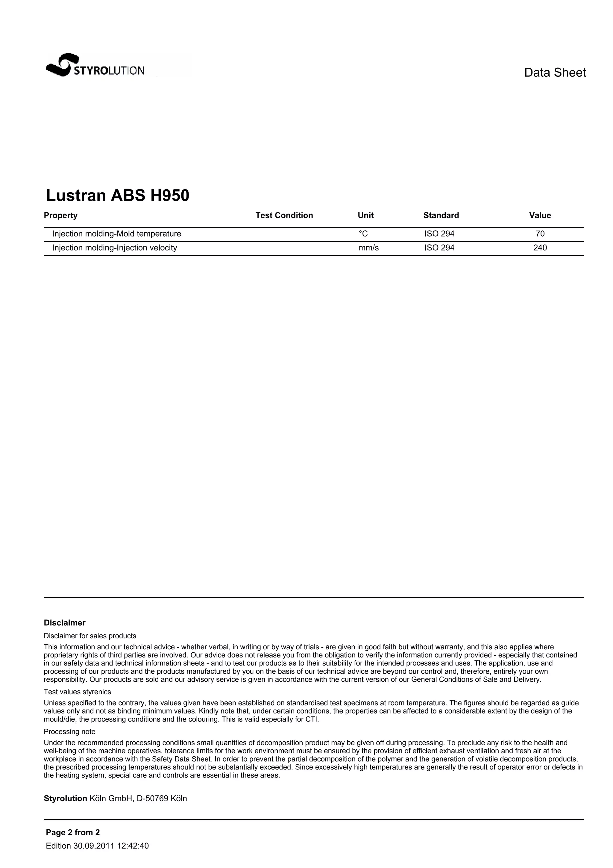 Ficha Técnica - Styrolution Lustran H950 | PDF