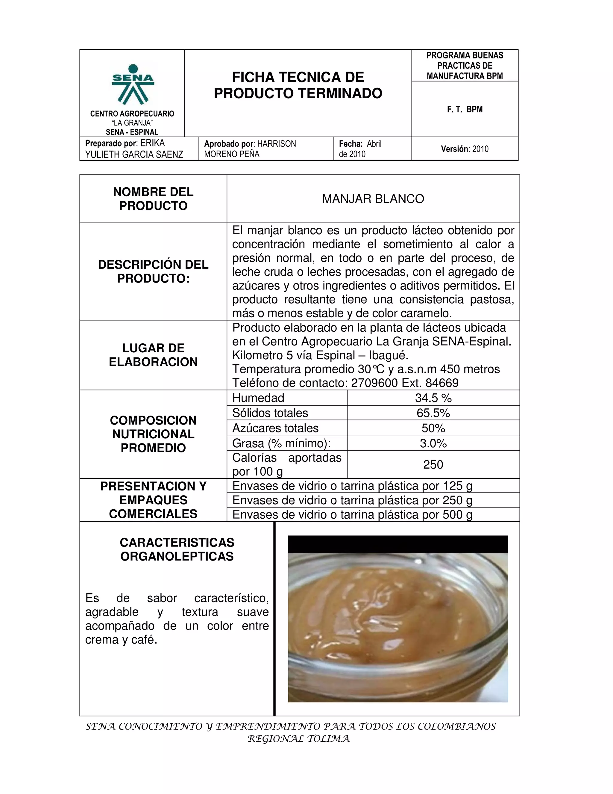 FICHA TECNICA MANJAR BLANCO | PDF