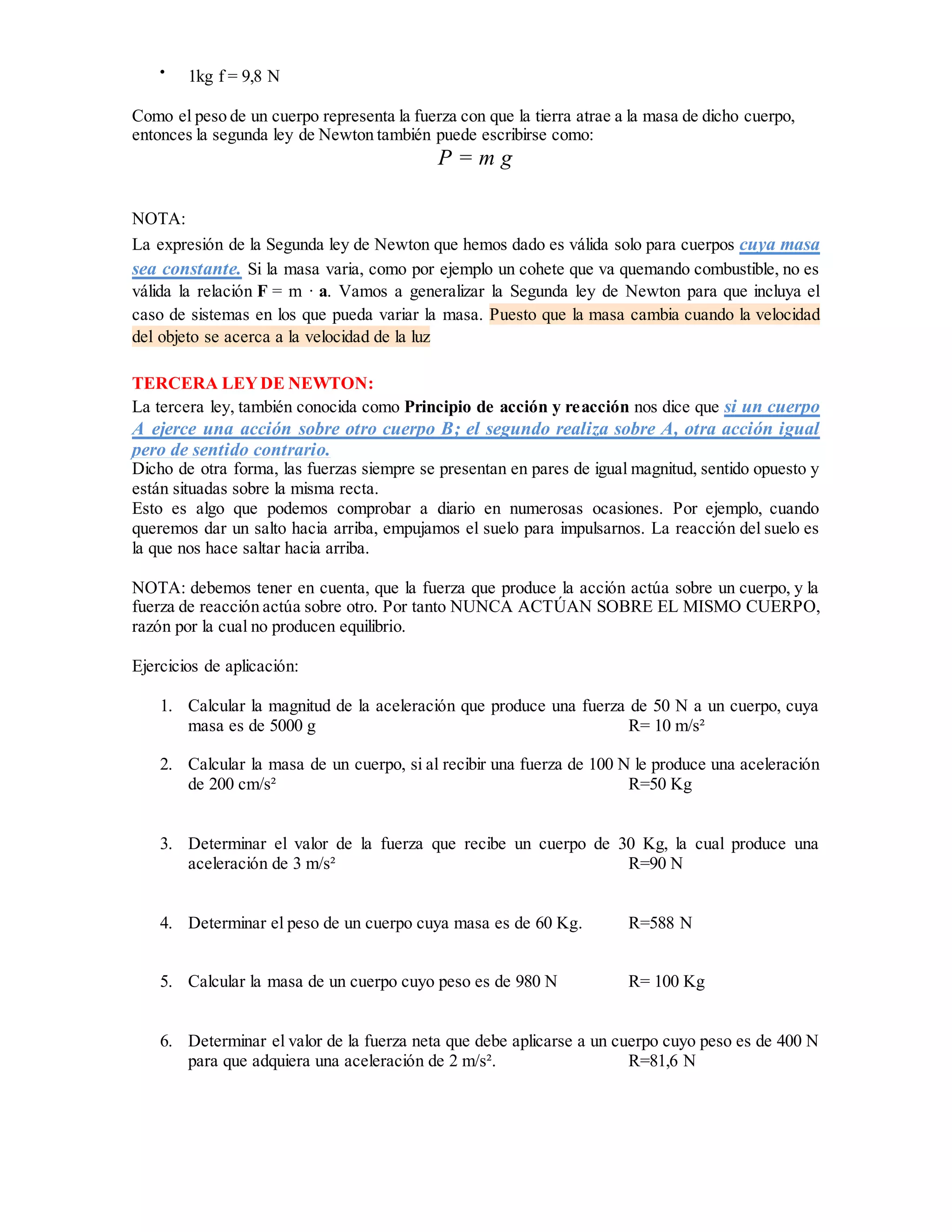 Hoja De Trabajo Sobre La Segunda Ley De Newton
