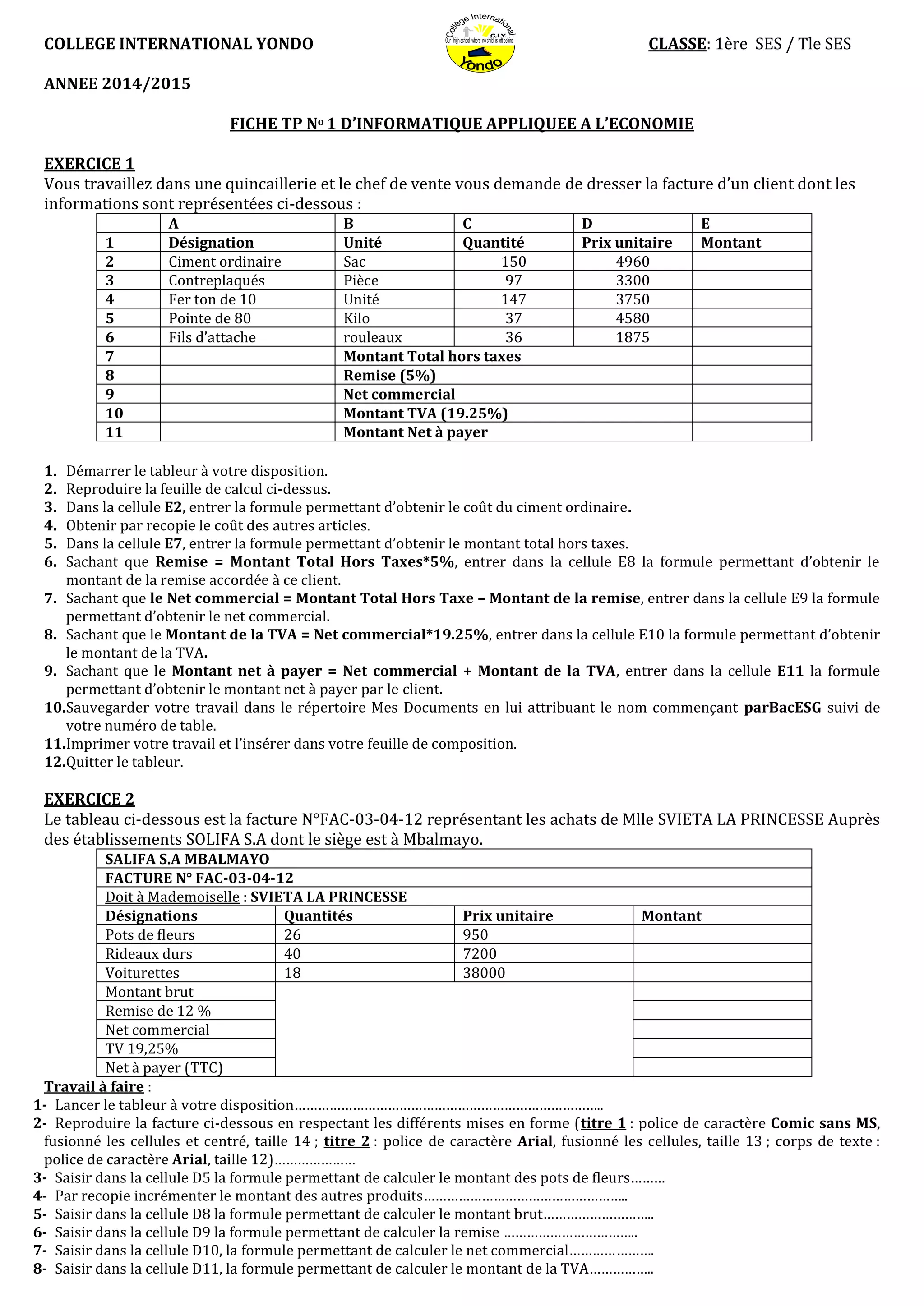 Fiche de TP 1 sur les Feuilles de calculs avec les Tableurs | PDF | Personal Finance