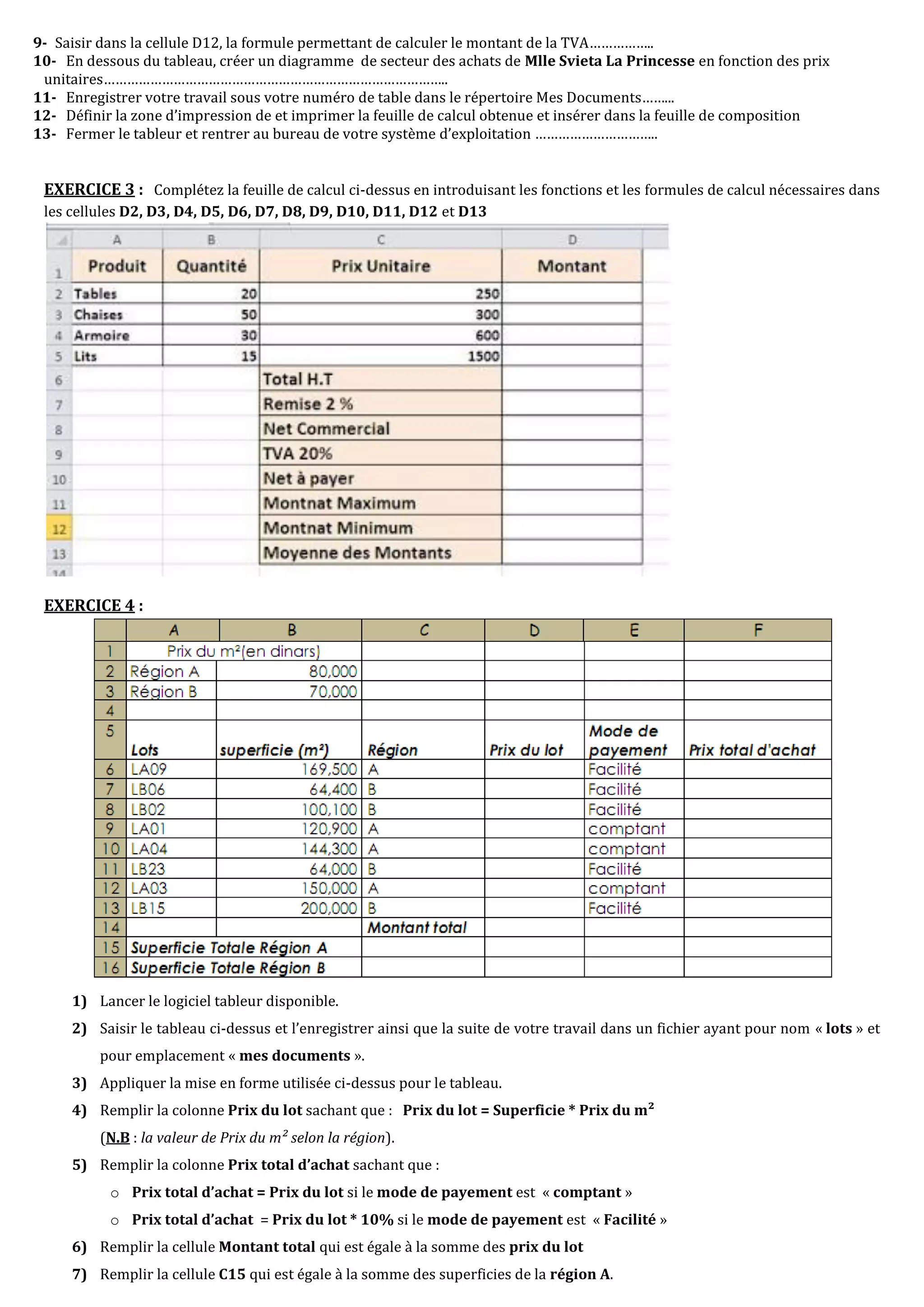 Fiche de TP 1 sur les Feuilles de calculs avec les Tableurs | PDF ...