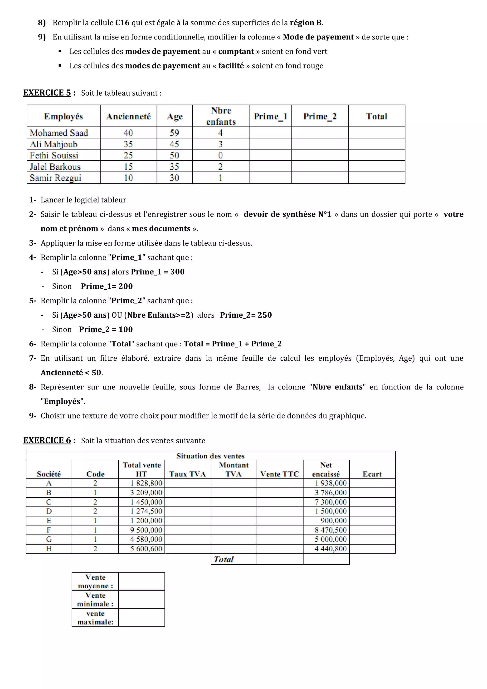 Fiche de TP 1 sur les Feuilles de calculs avec les Tableurs | PDF ...